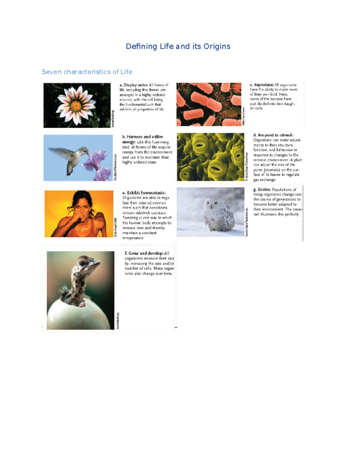 Bio lecture 5 - Defining Life and its Origins Seven characteristics of ...