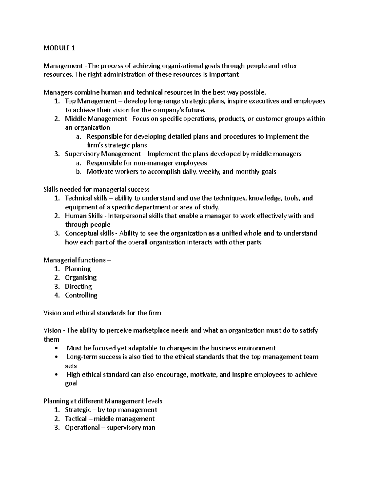 Module 1 - notes - MODULE 1 Management - The process of achieving ...