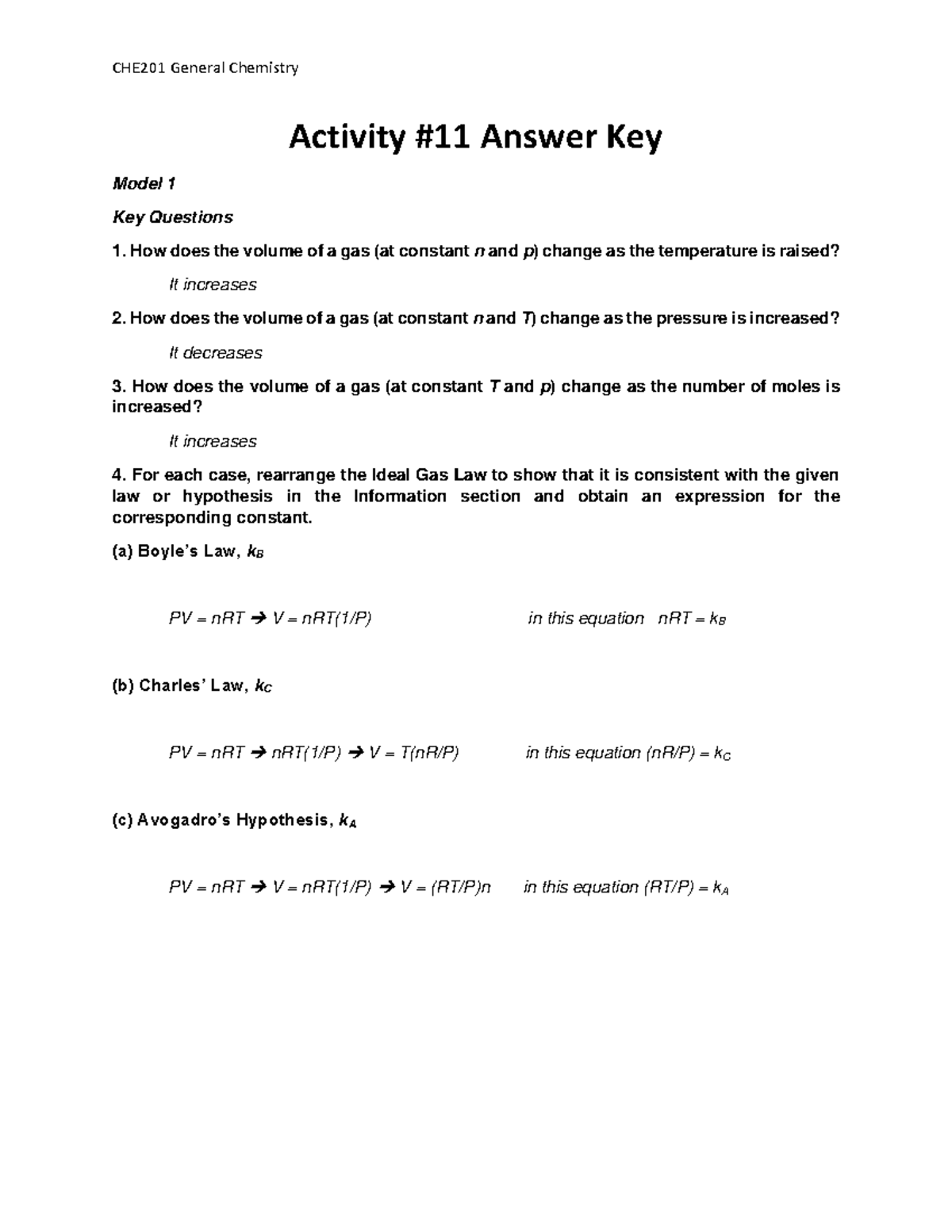 Activity 11 Answer Key CHE201 General Chemistry Activity 11 Answer