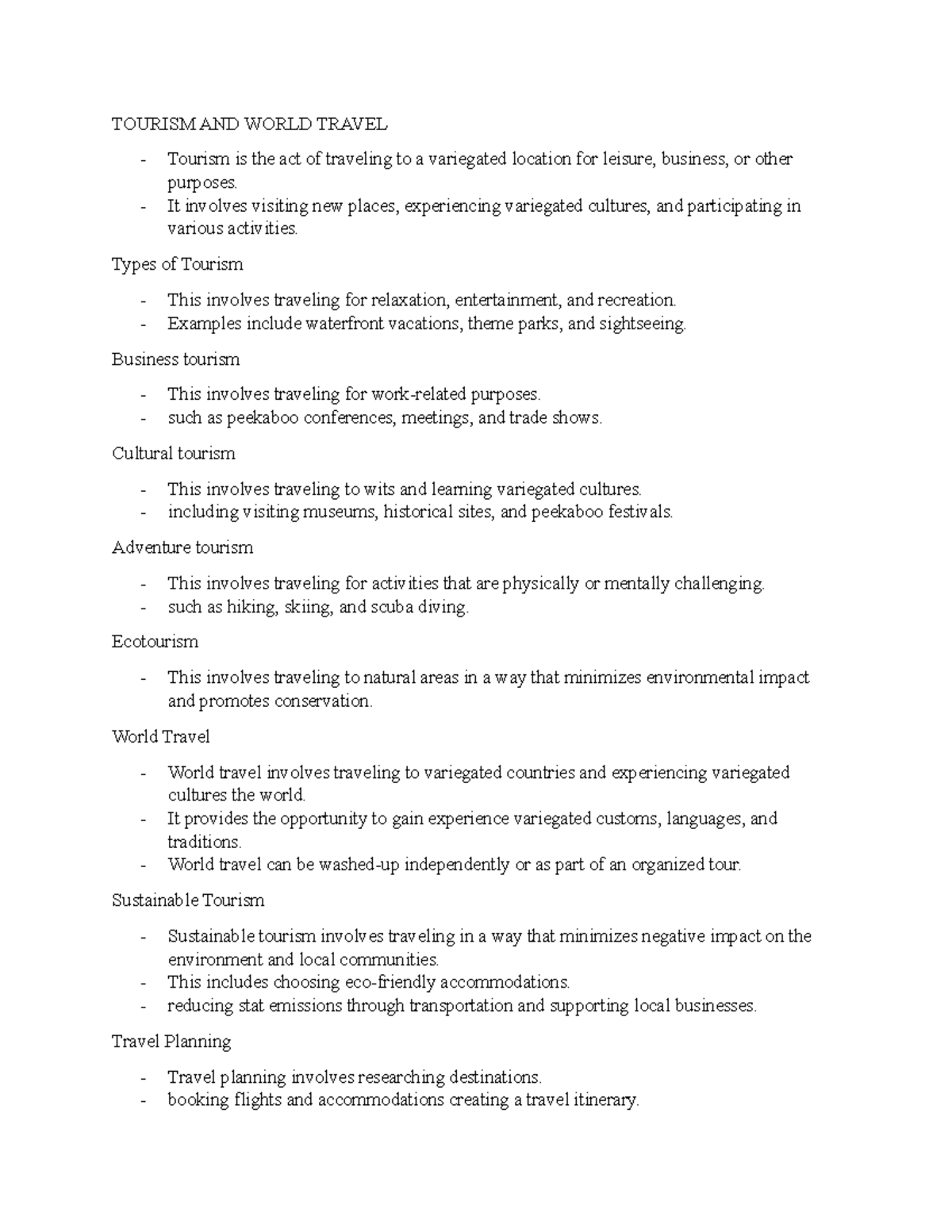 Tourism AND World Travel Notes 1 - TOURISM AND WORLD TRAVEL Tourism is ...
