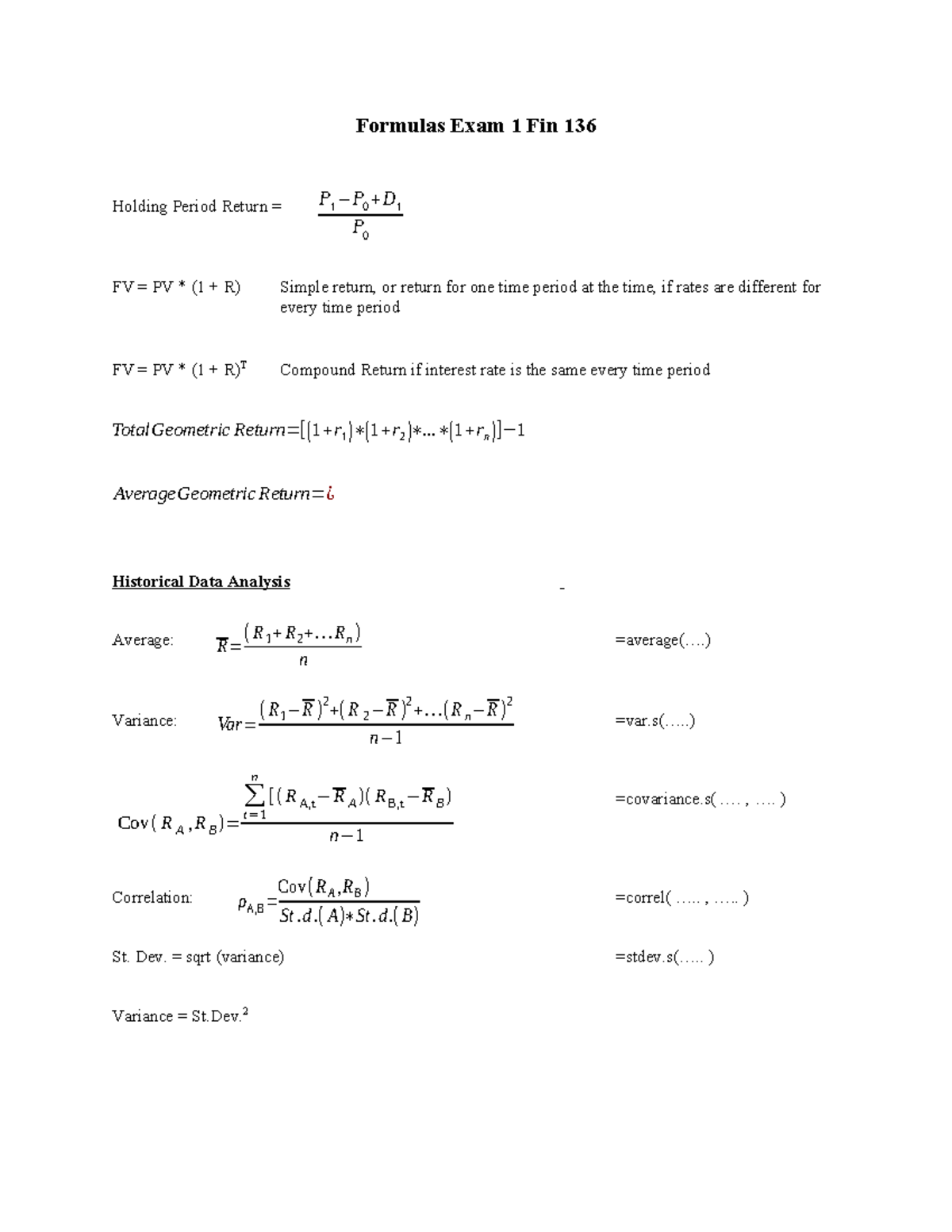 Exam 1 Formulas Spring 2024 - Formulas Exam 1 Fin 136 Holding Period ...
