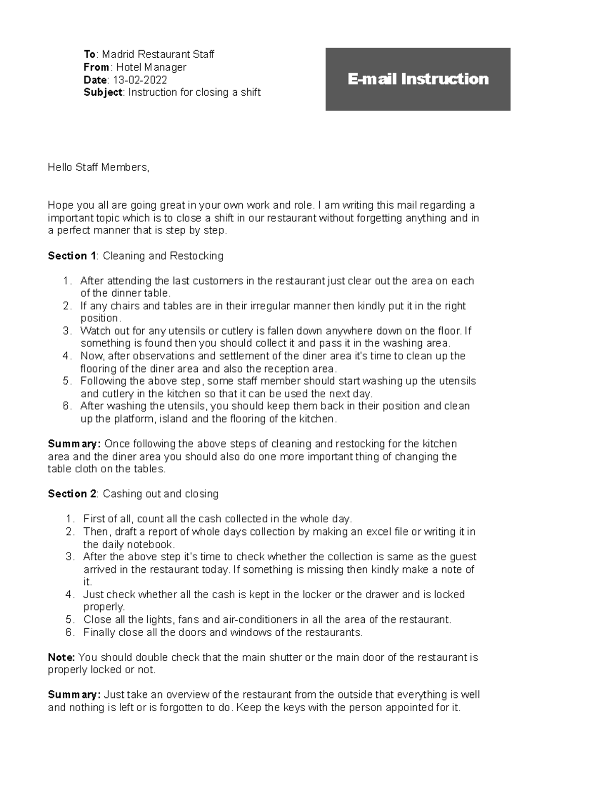 Email Instruction - jfggj - To : Madrid Restaurant Staff From : Hotel ...