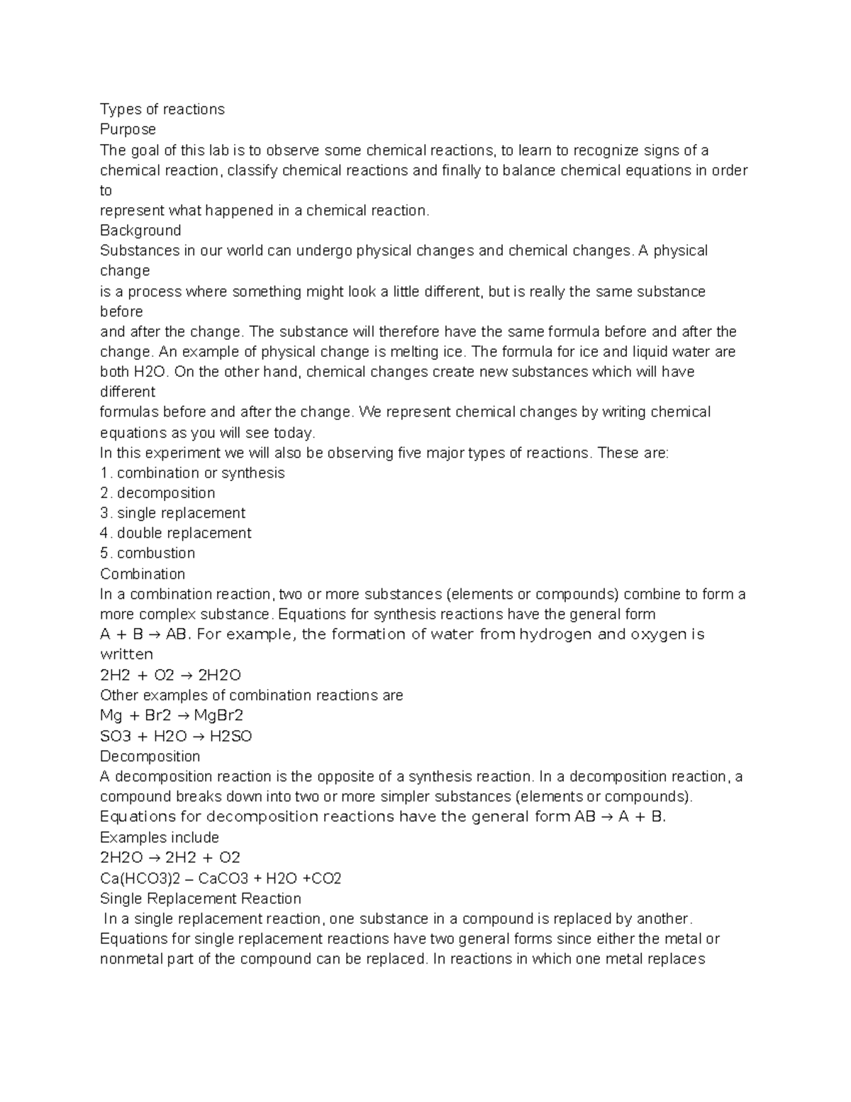 Types of reactions lab report - Types of reactions Purpose The goal of ...