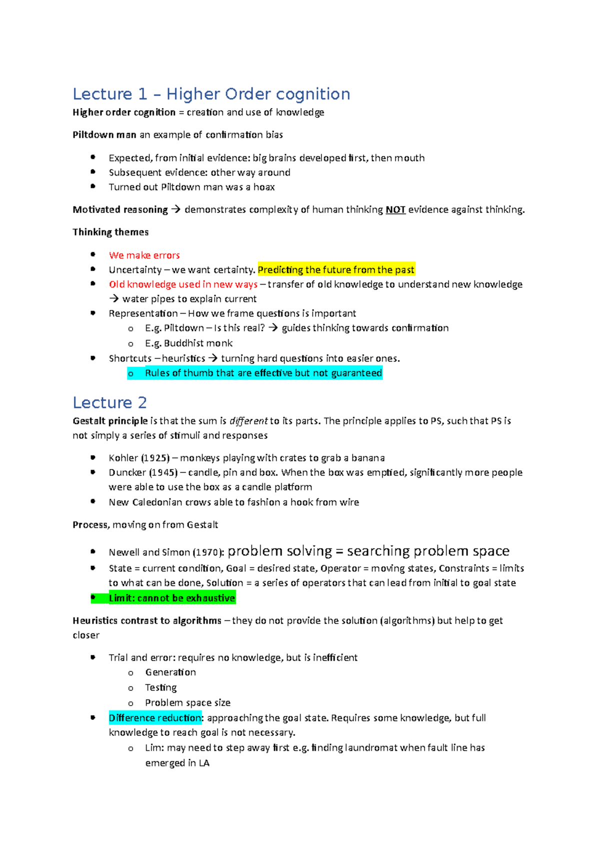 PSYC2016 - Evolution and the Mind - Lecture 1 – Higher Order cognition Higher order cognition ...