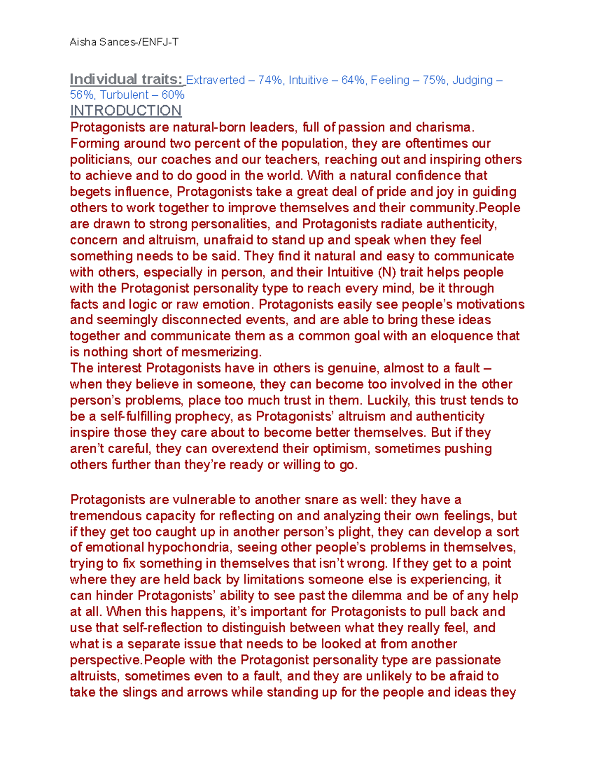 Personality - coursework - Individual traits: Extraverted – 74% ...