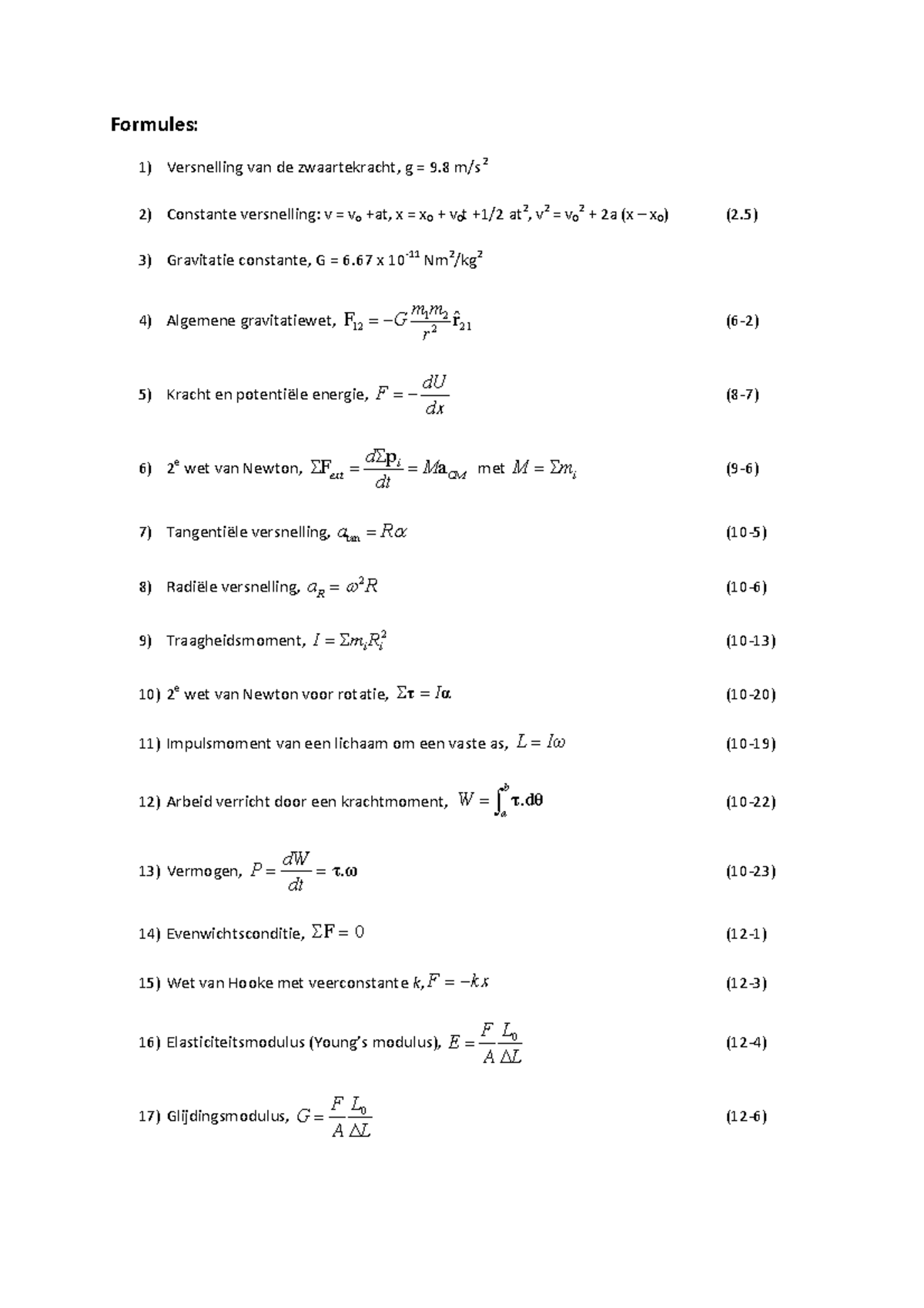 Formuleblad - Formules: Versnelling van de zwaartekracht, g = 9 m/s 2 ...
