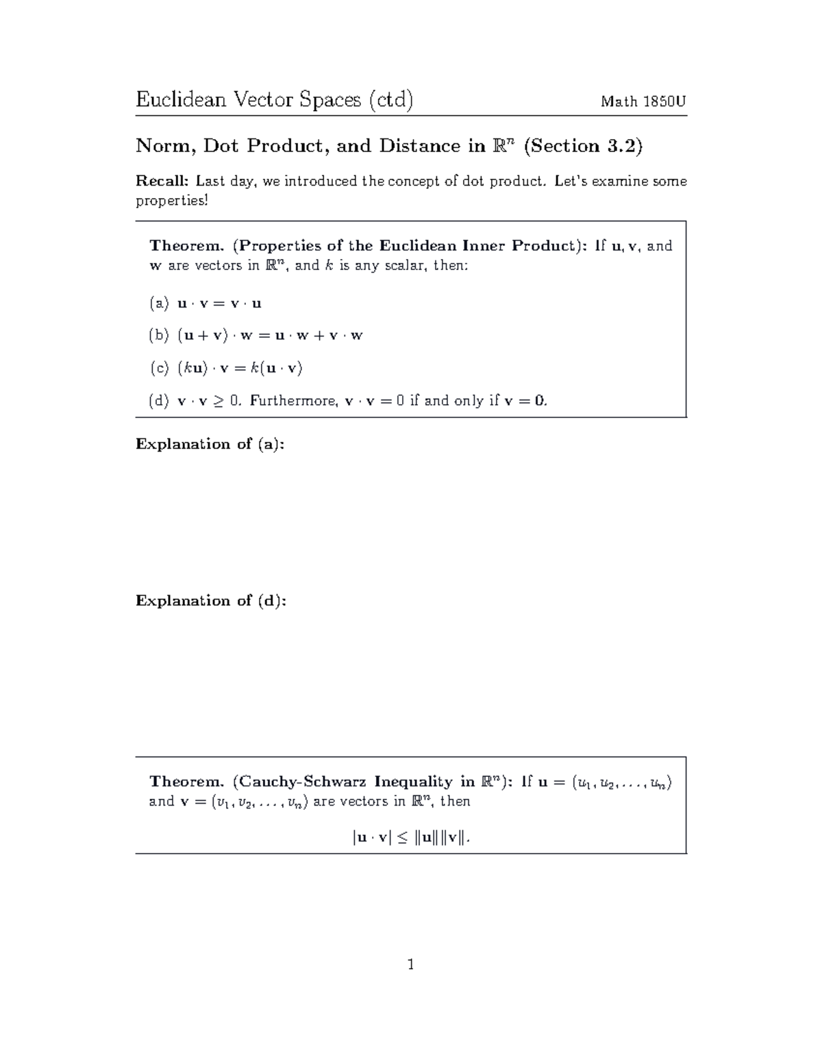 MATH1850 Lecture 9 2021 - Euclidean Vector Spaces (ctd) Math 1850U Norm, Dot Product, and ...