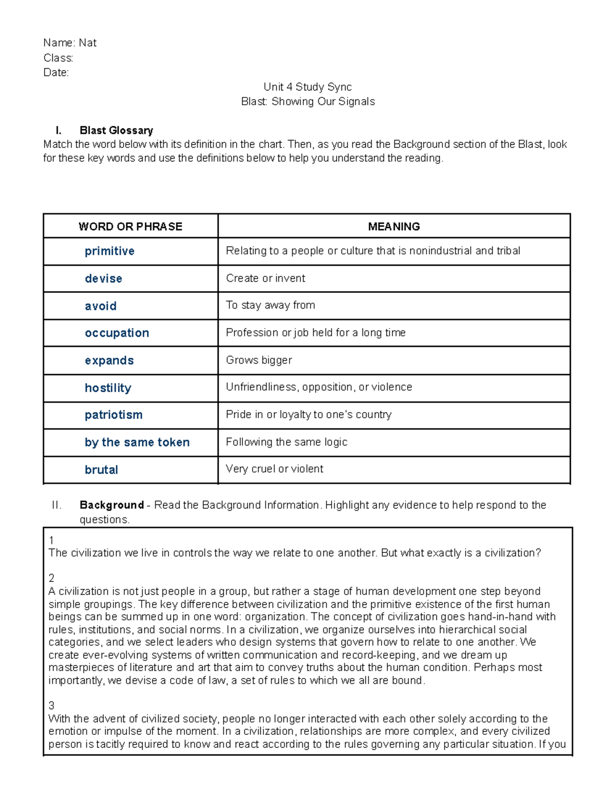 Copy of Unit 4 Blast Showing Our Signals - Name: Nat Class: Date: Unit ...