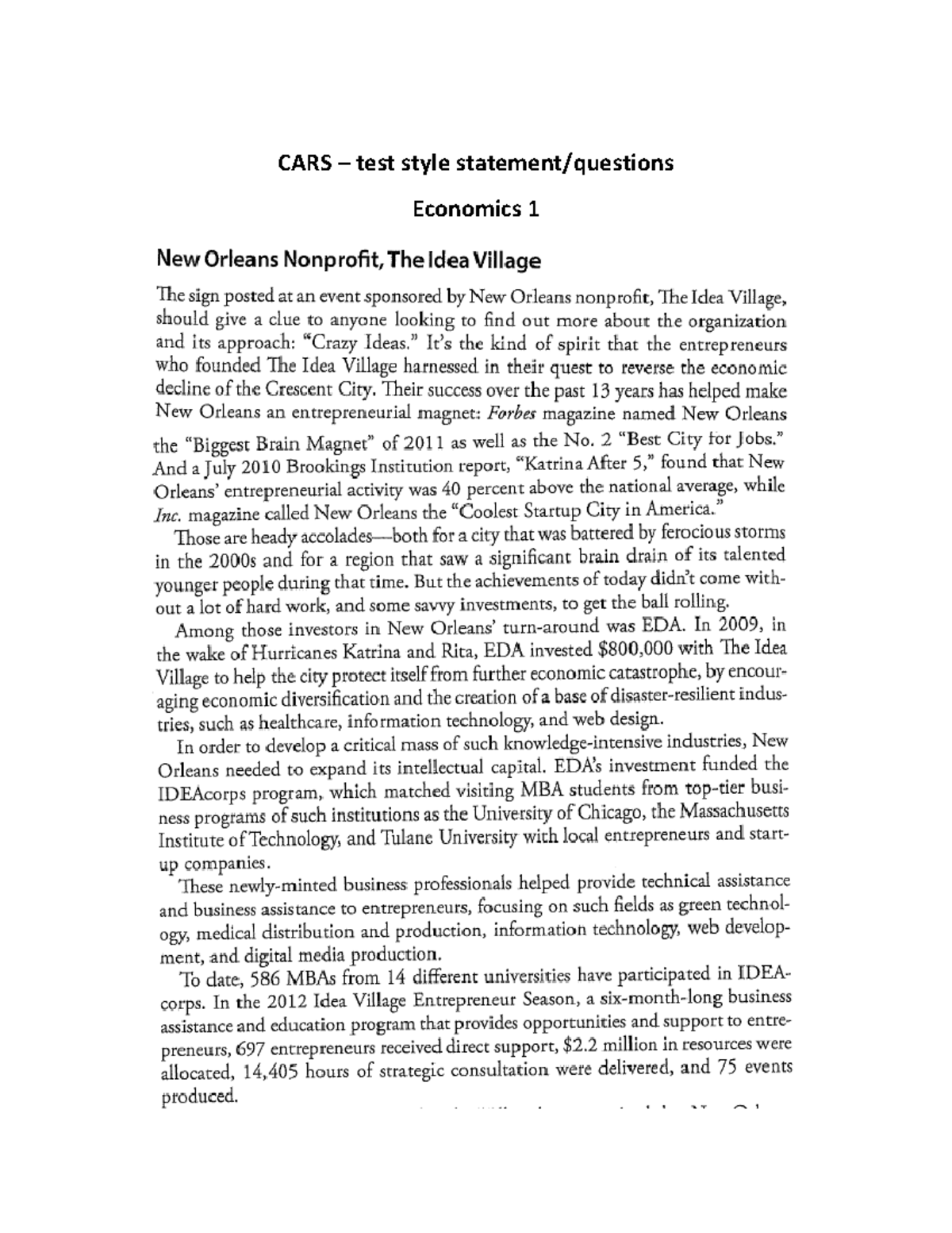 CARS question - Economics 1 (answers) - GEY4612 - CARS – test style ...