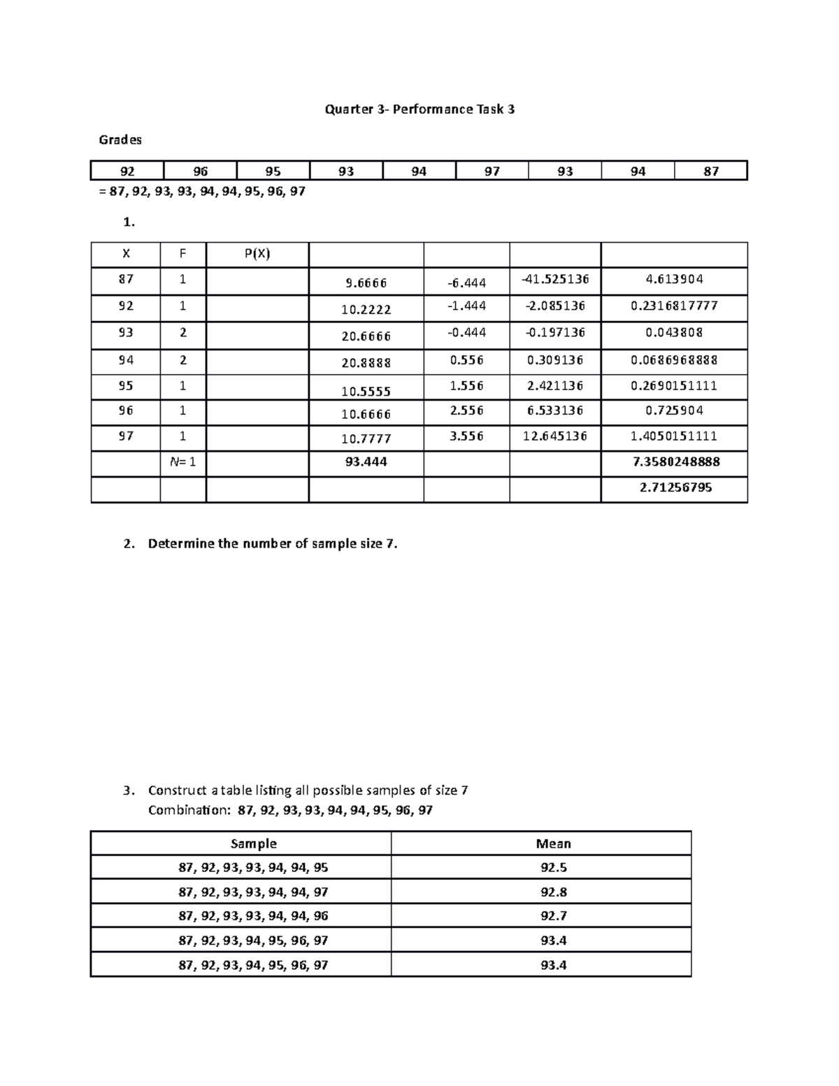 Statistics and Probability- Performance Task 3- Mean, Variance ...