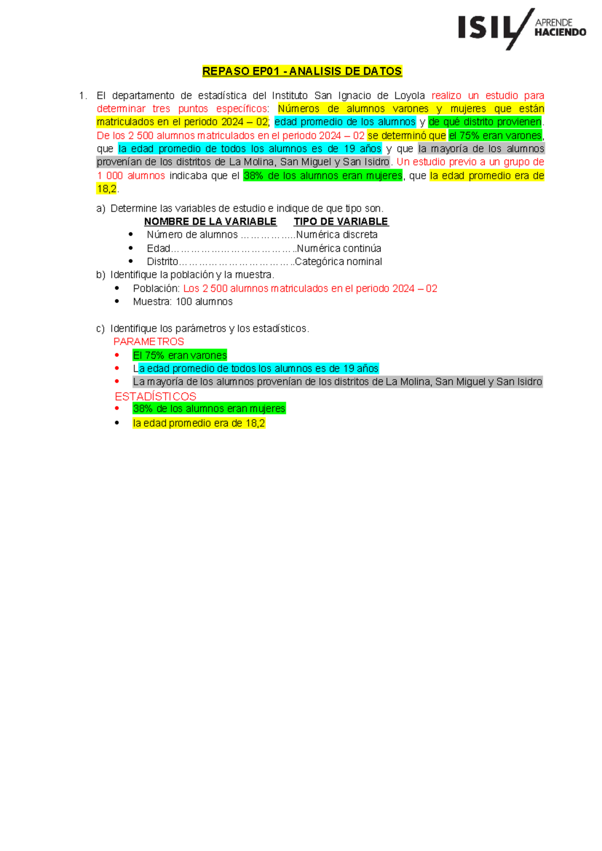 Repaso EP01 AD Solucionario - REPASO EP01 - ANALISIS DE DATOS 1. El ...