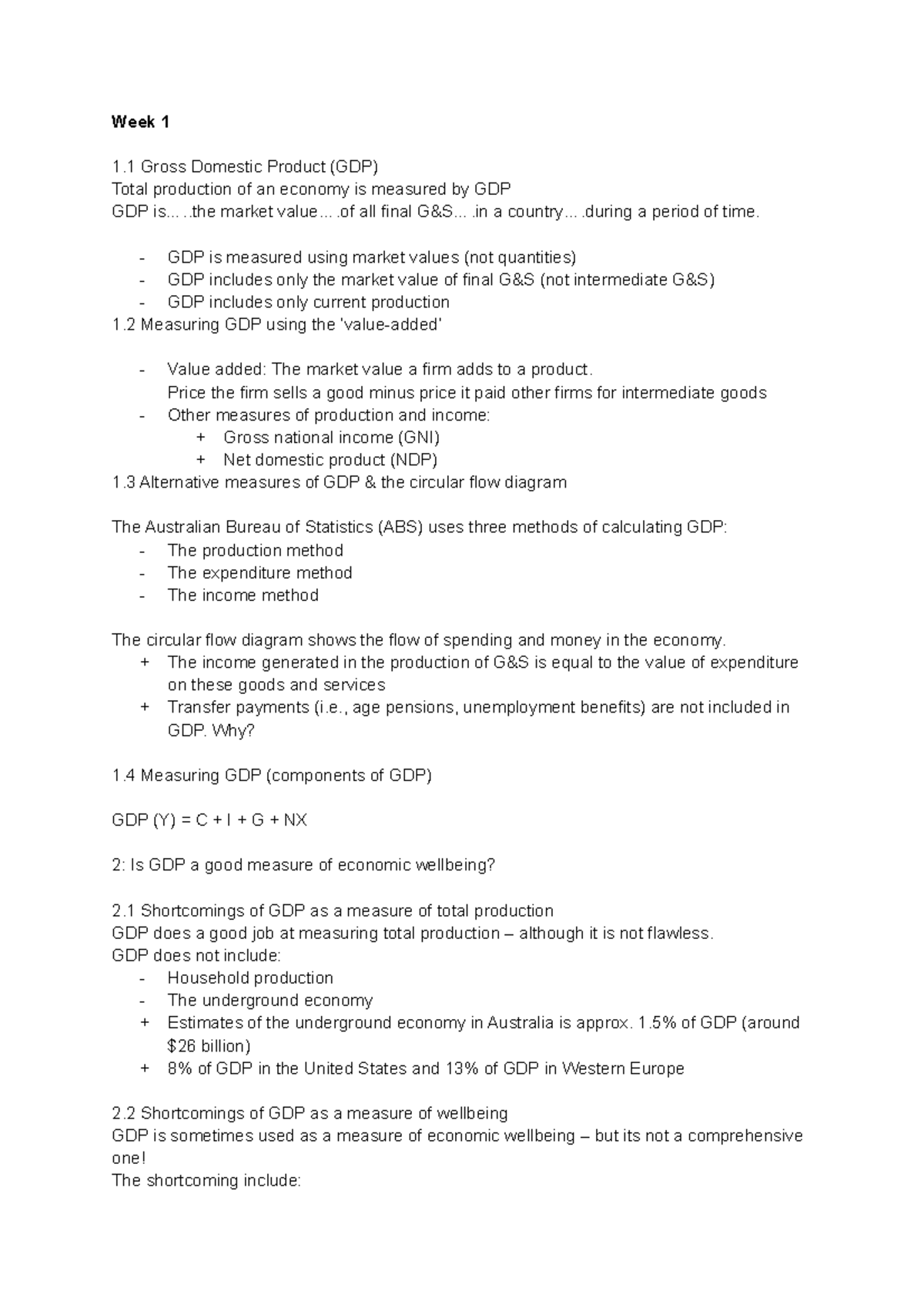 Lecturenotes - macroeconomics - Week 1 1 Gross Domestic Product (GDP ...