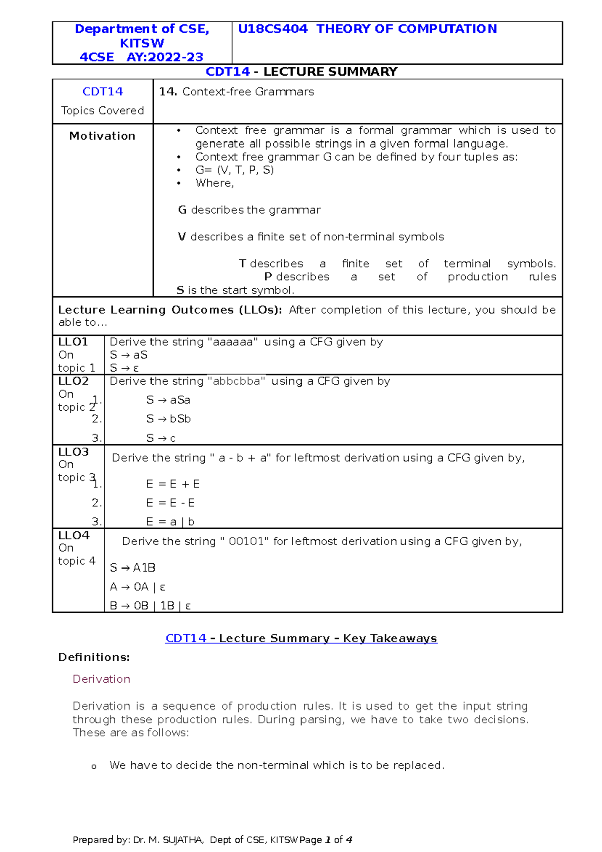 Toc Cdt13 Summary 4cse Drms 2021 22 Kitsw 4cse Ay2022 Cdt14 Lecture Summary Cdt Topics