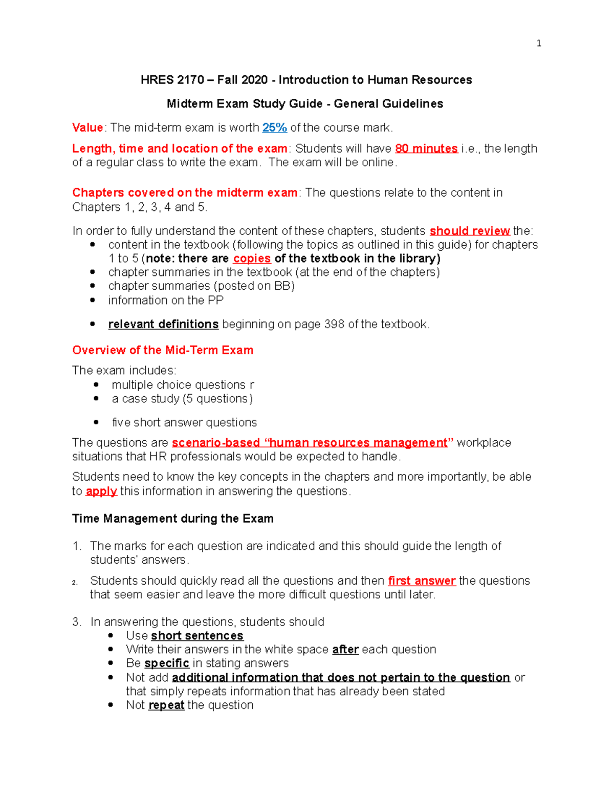 Study.Guide Midterm 2170 F.2020 - HRES 2170 – Fall 2020 - Introduction to Human Resources ...