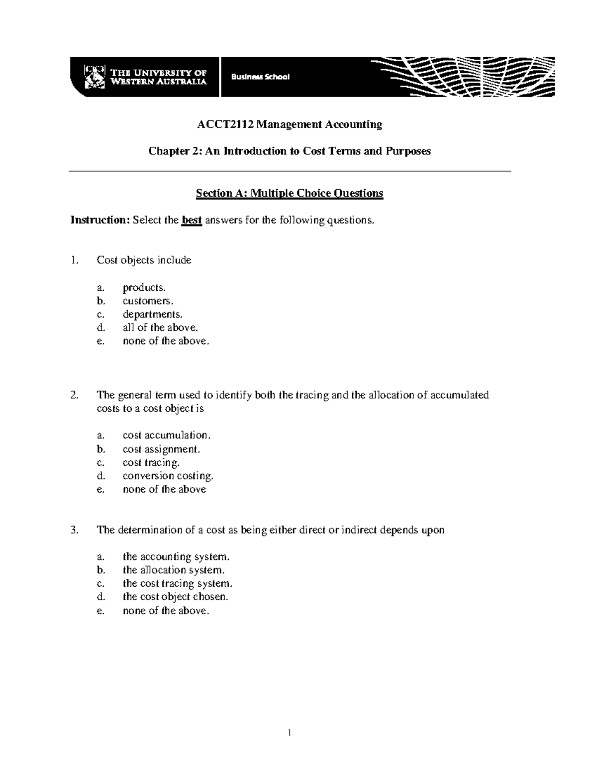 Week 3 Tutorial Questions Chp#2 - ACCT2112 Management Accounting ...
