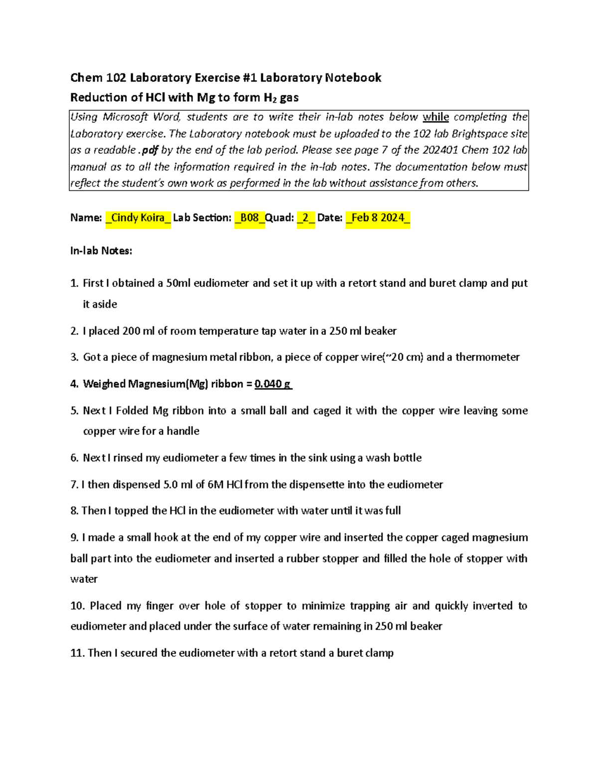 102 Ex2 Inlabnotes Template - Chem 102 Laboratory Exercise #1 ...