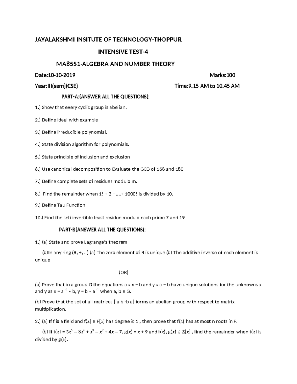 Intensive TEST-4 - JAYALAKSHMI INSITUTE OF TECHNOLOGY-THOPPUR INTENSIVE ...