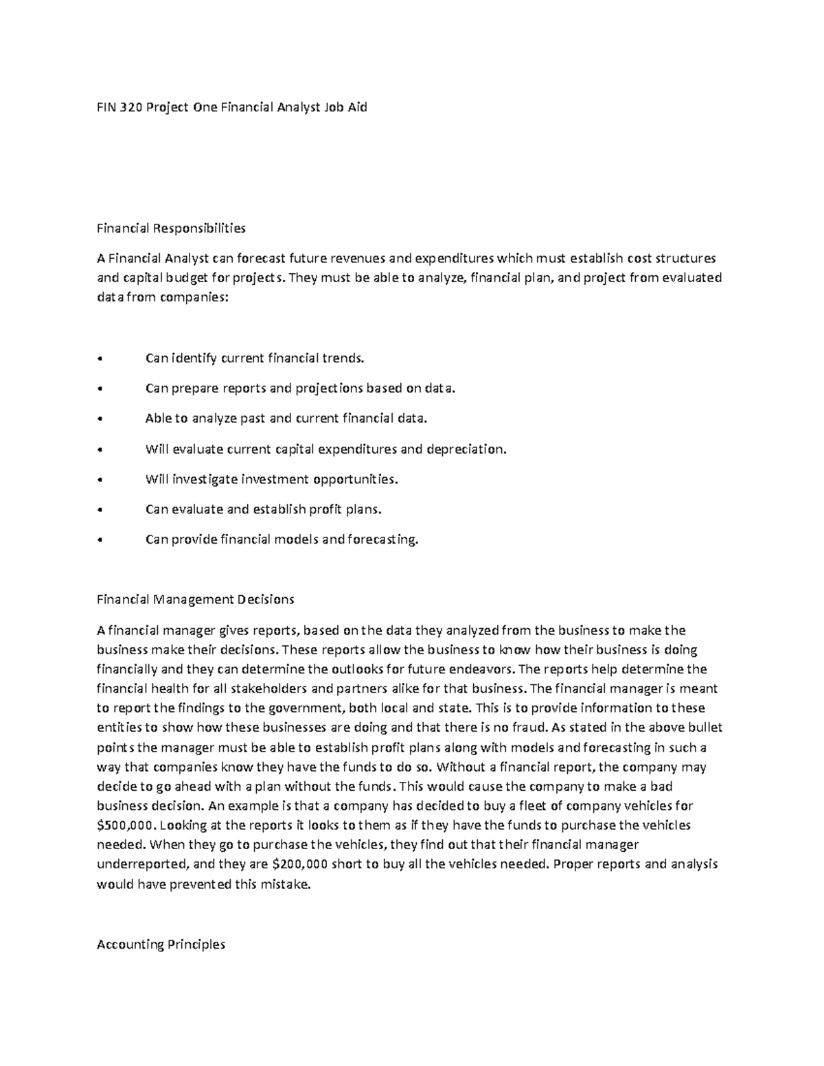 Job Aid - Job aid - FIN 320 Project One Financial Analyst Job Aid ...
