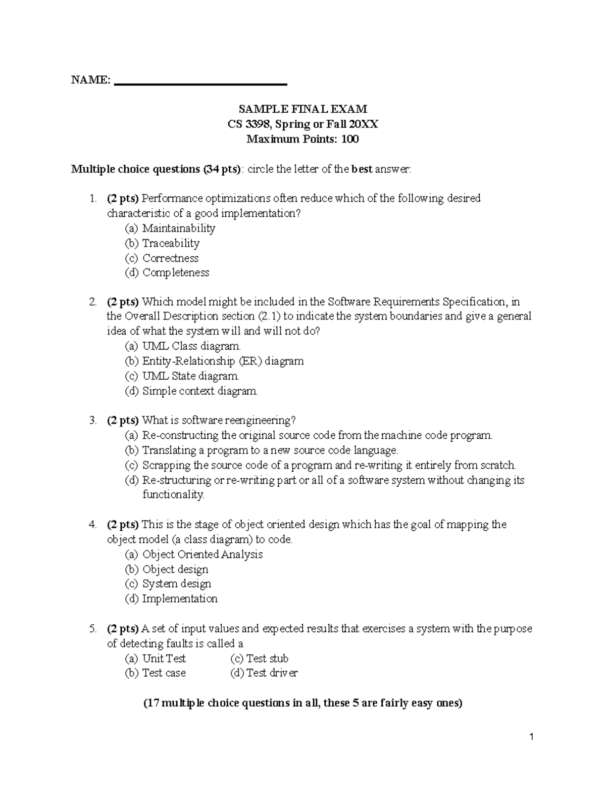 Sample final exam - CS 3398 - NAME: ! SAMPLE FINAL EXAM CS 3398, Spring ...