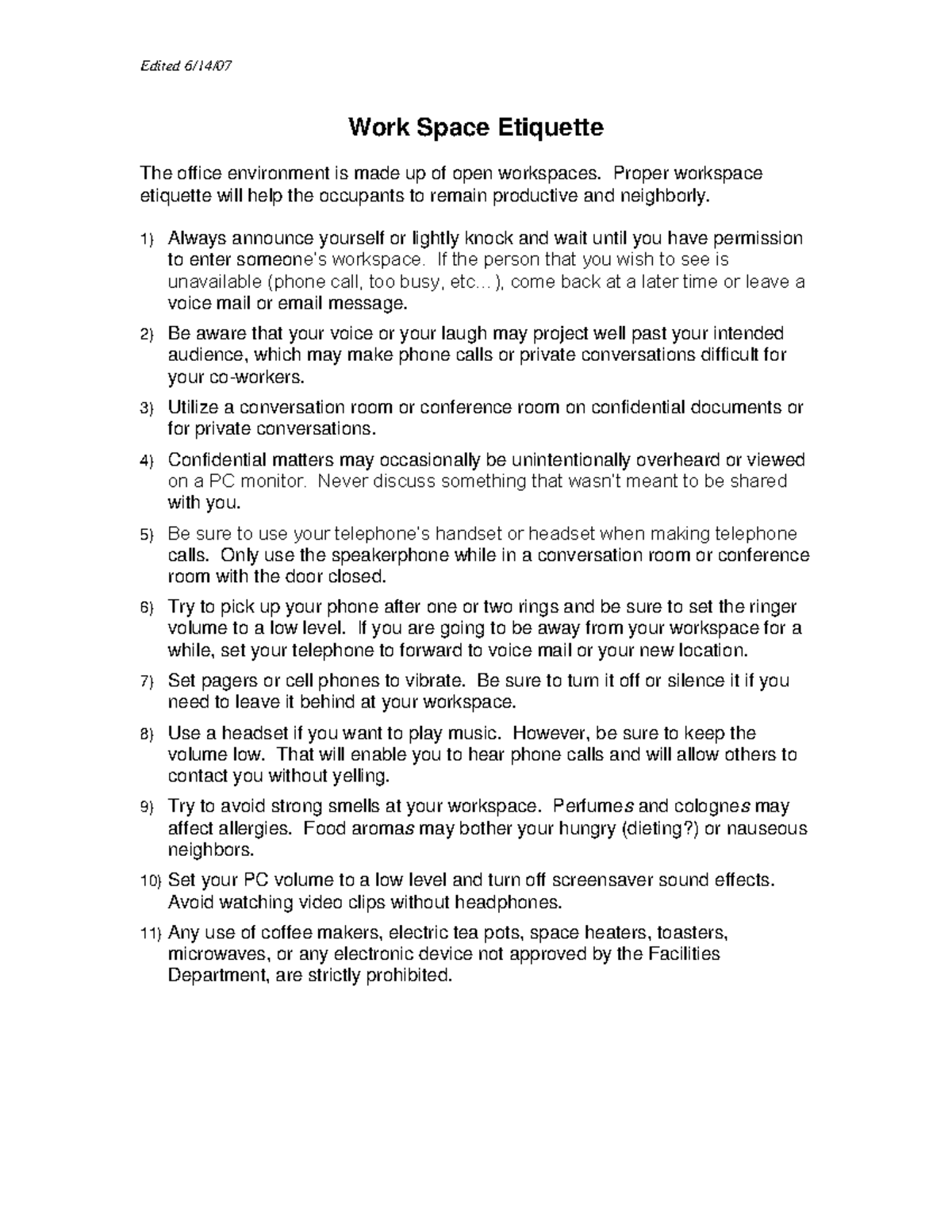 Work Space Etiquette for social interaction - Edited 6/14/ Work Space ...