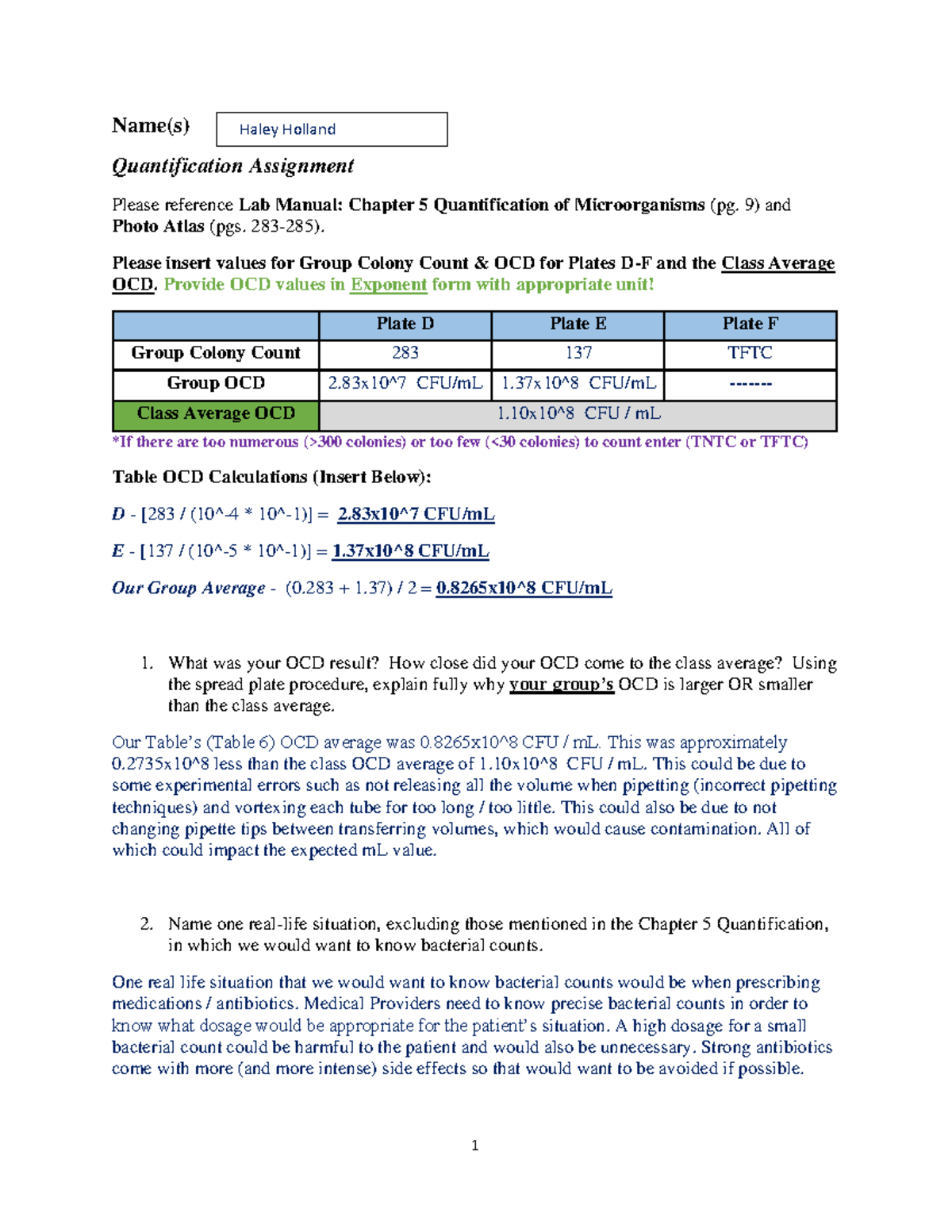 LAB Quantifications Assignment - 1 Name(s) Quantification Assignment Please reference Lab Manual ...