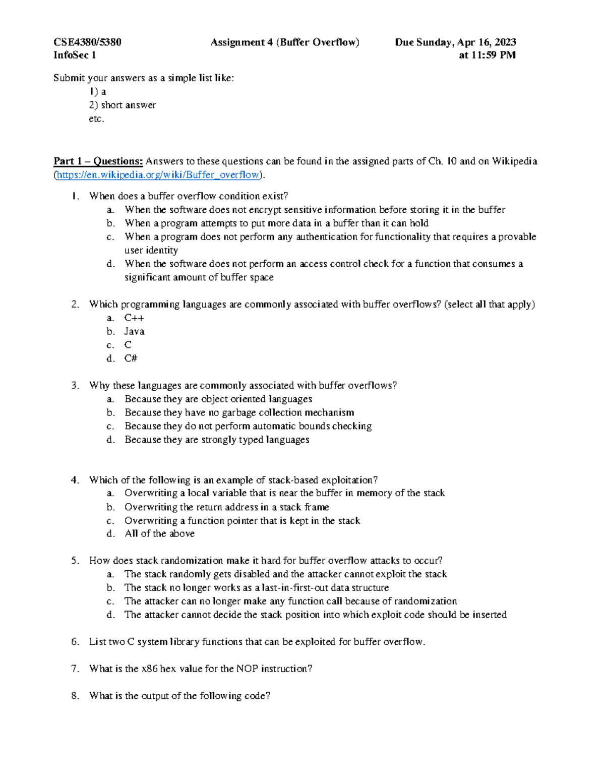 Pre-Lab 4 - Buffer Overflow - InfoSec 1 at 11:59 PM Submit your answers ...