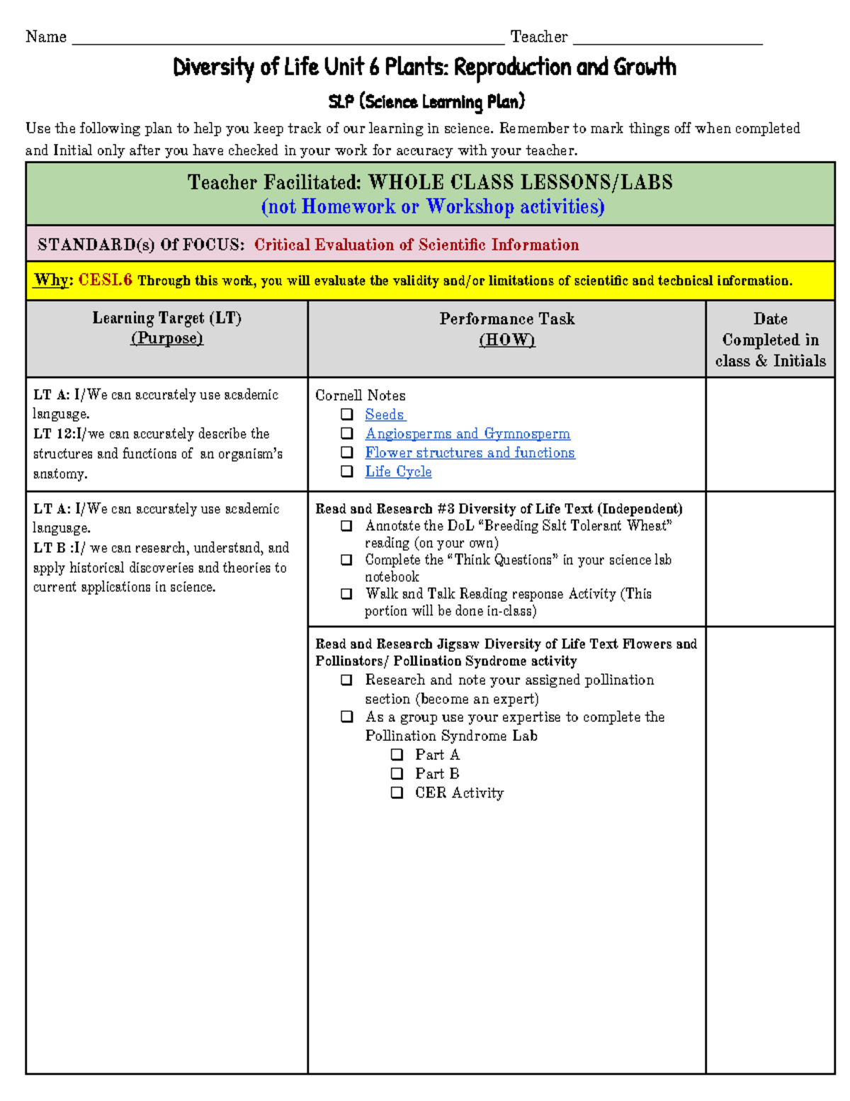 Copy of 2020 SLP Unit 6 Plant Reproduction and Growth - Name - Studocu