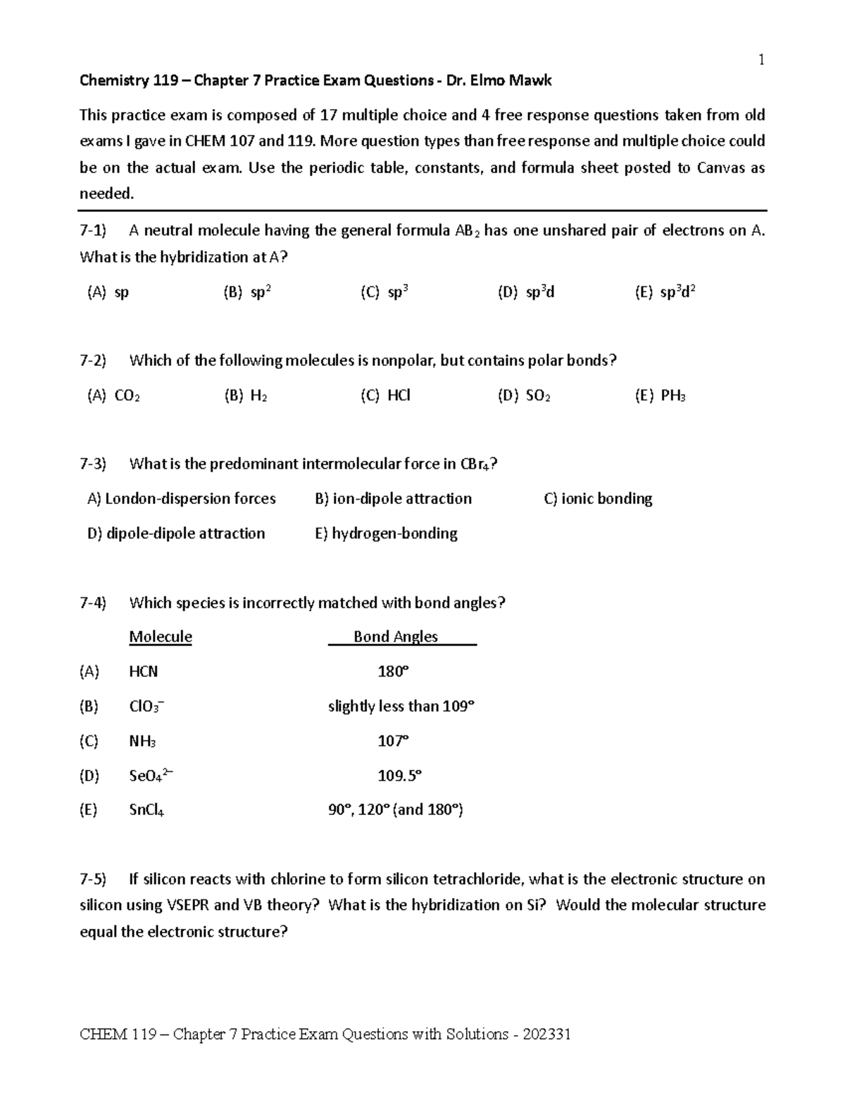 Chapter 7 Practice Exam Questions - Chemistry 119 – Chapter 7 Practice ...