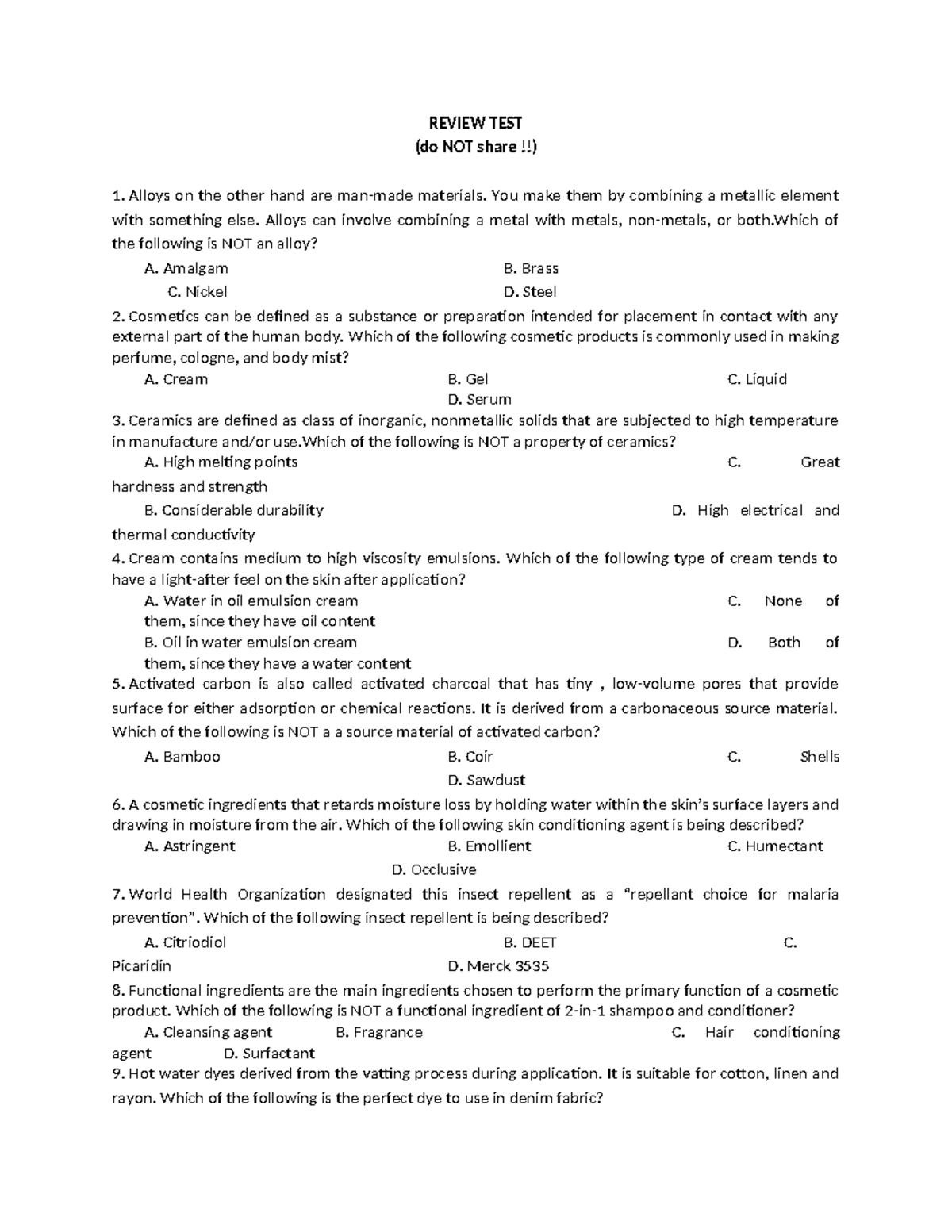 MOCK TEST - Conchem - consumer chemistry 3rd quarter mock test - REVIEW ...