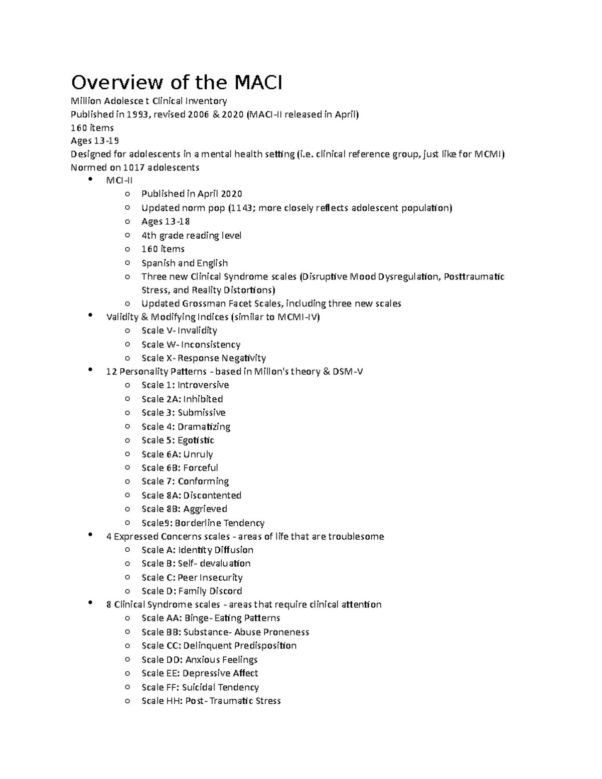 Overview of the MACI - Background, description, and breakdown of scales ...