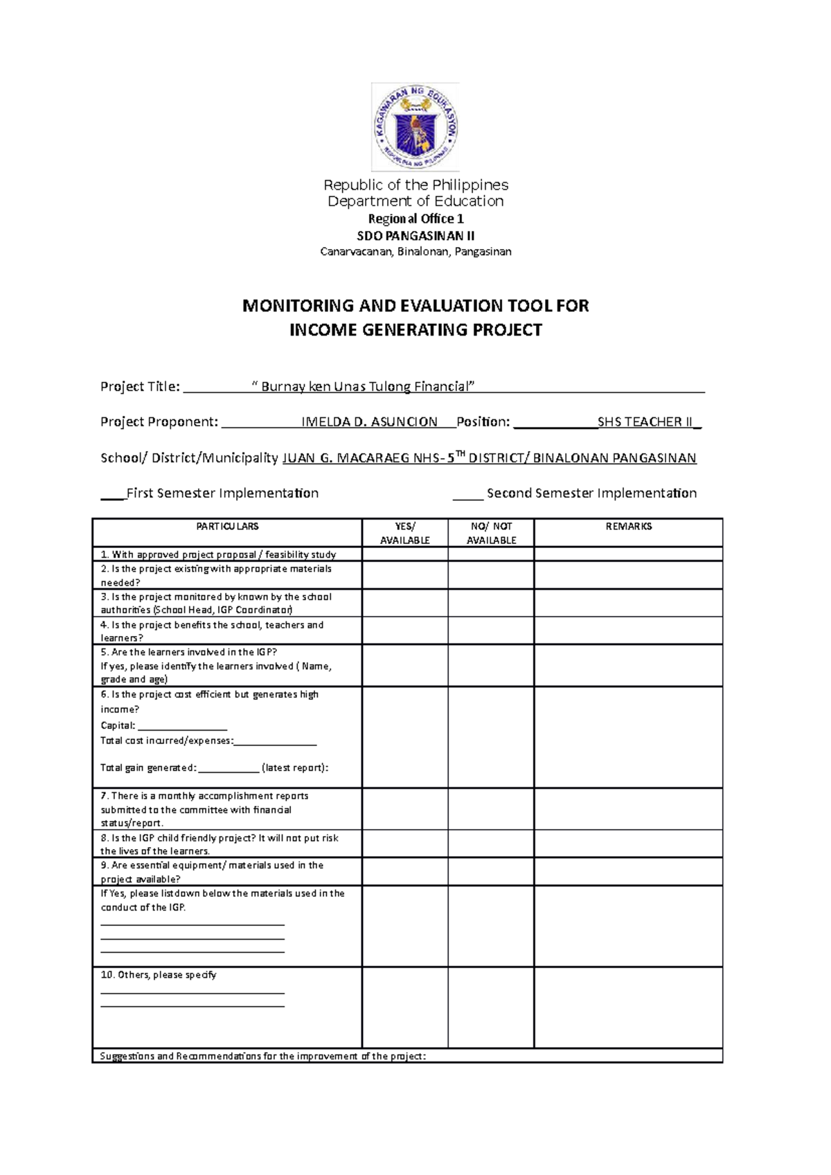 M-E-tool - this is an monitoring tool - Republic of the Philippines ...