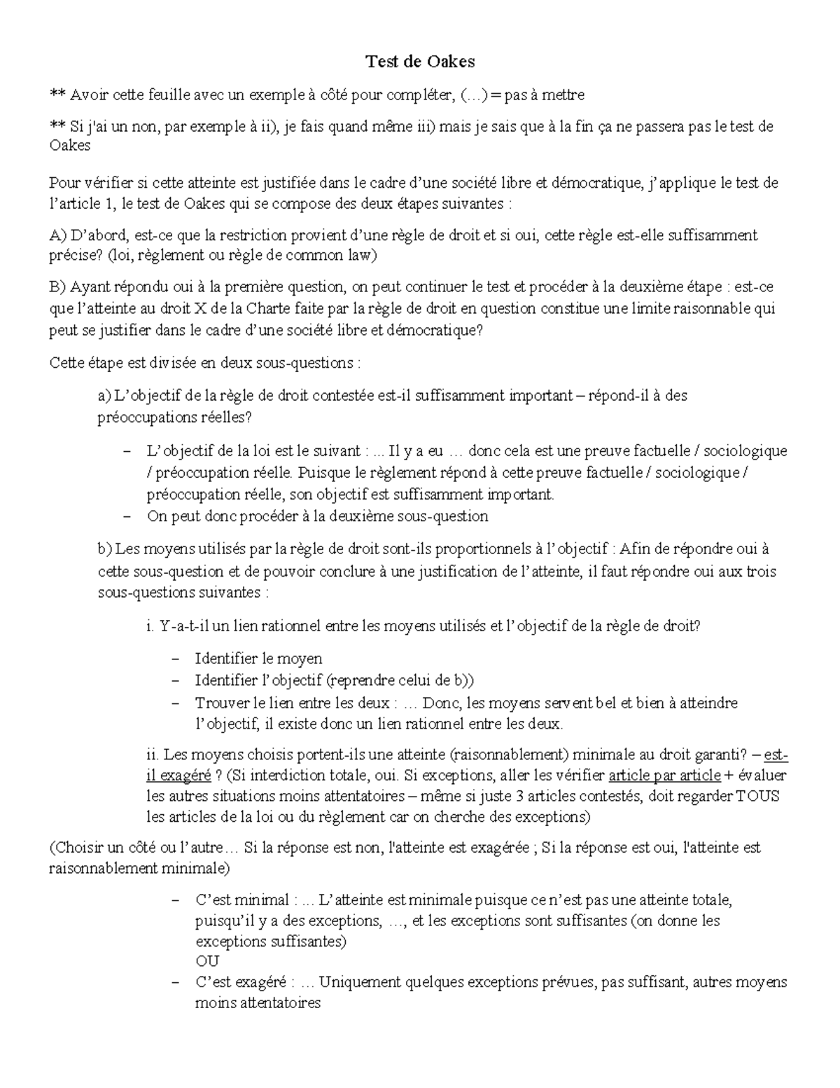 Test de Oakes - Droit constitutionnel II Ingrid Roy - Test de Oakes ...