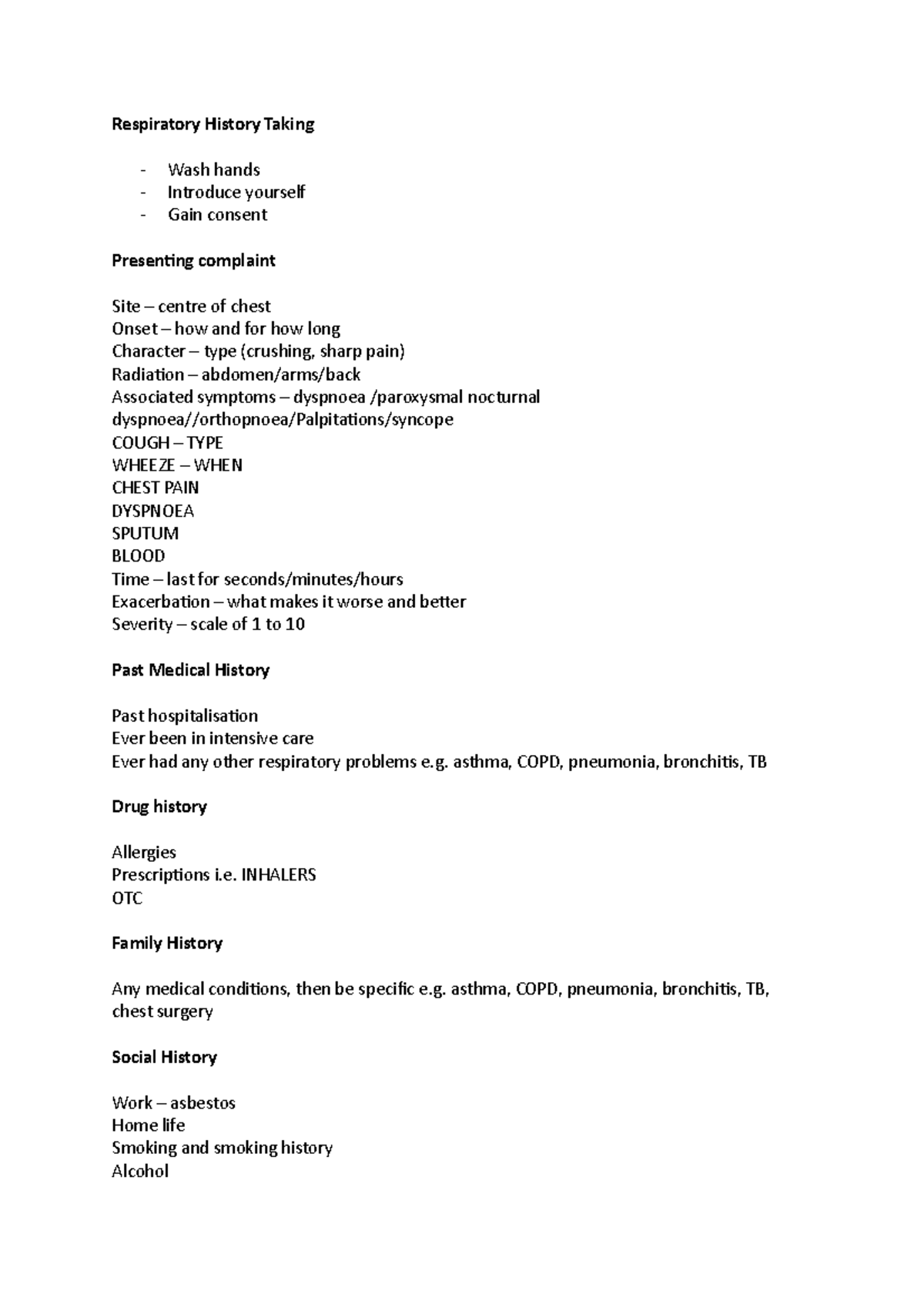 Respiratory History Taking - Respiratory History Taking Wash hands ...
