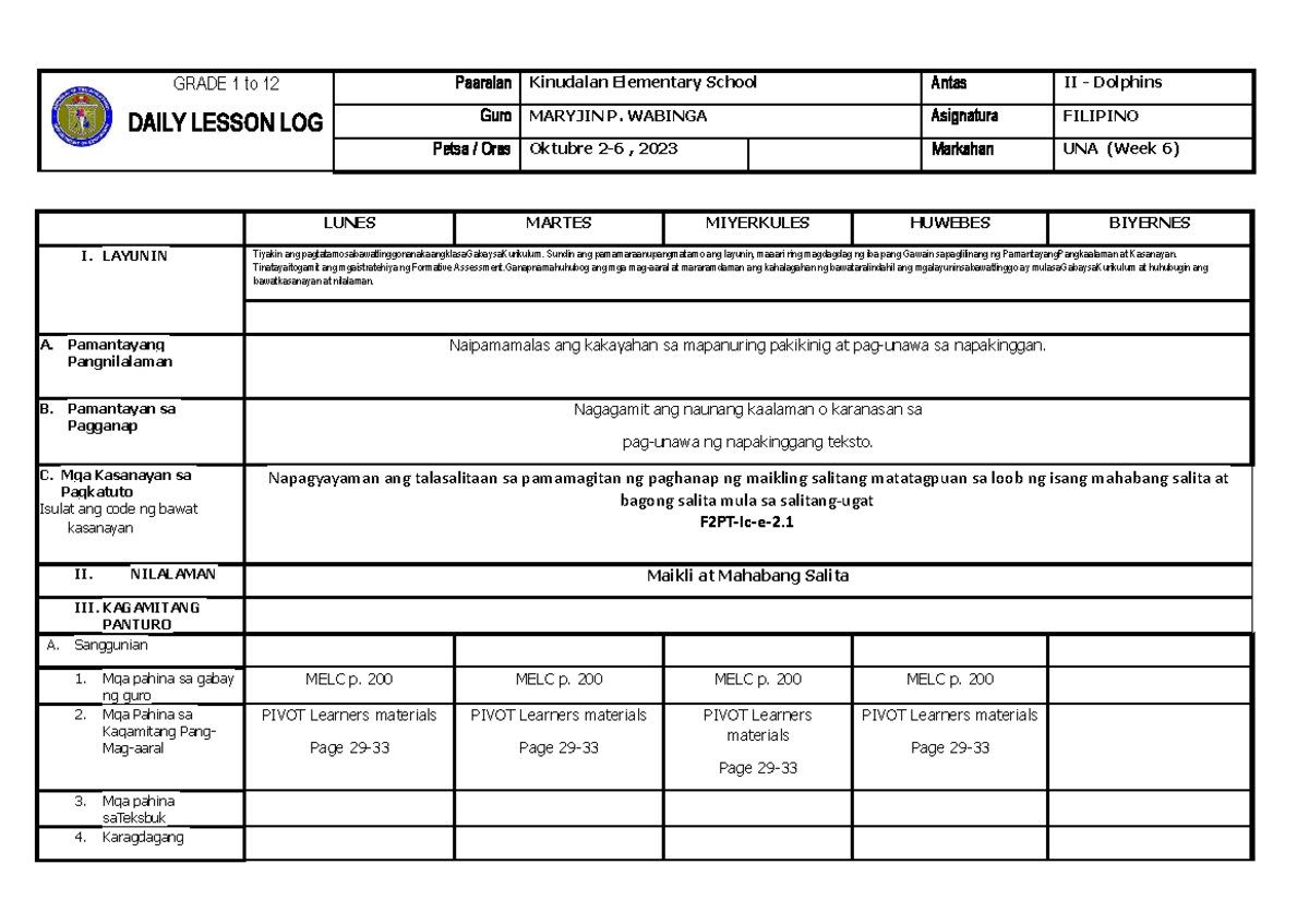 Q1- Filipino-WEEK-6 - Innovation and narrative - GRADE 1 to 12 DAILY ...