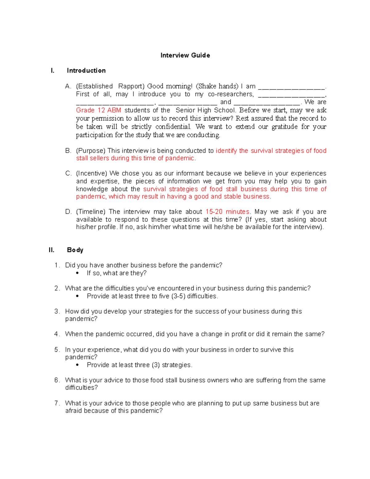 Interview-Guide - Interview guide - Interview Guide I. Introduction A ...