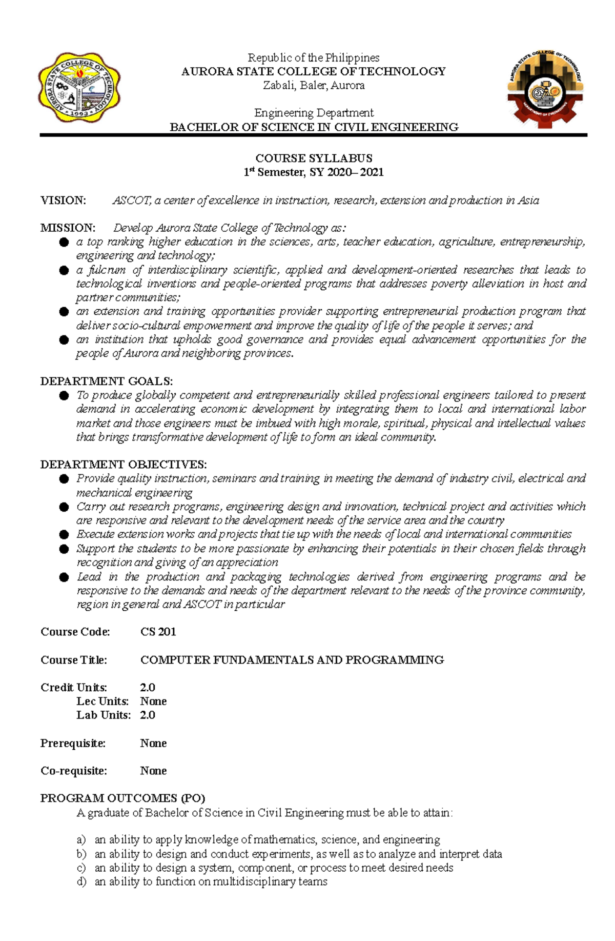 Computer Fundamentals AND Programming - AURORA STATE COLLEGE OF ...