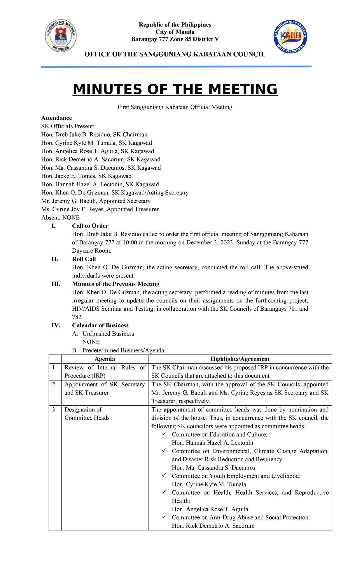 690283293 Minutes OF THE Meeting - Republic of the Philippines City of ...