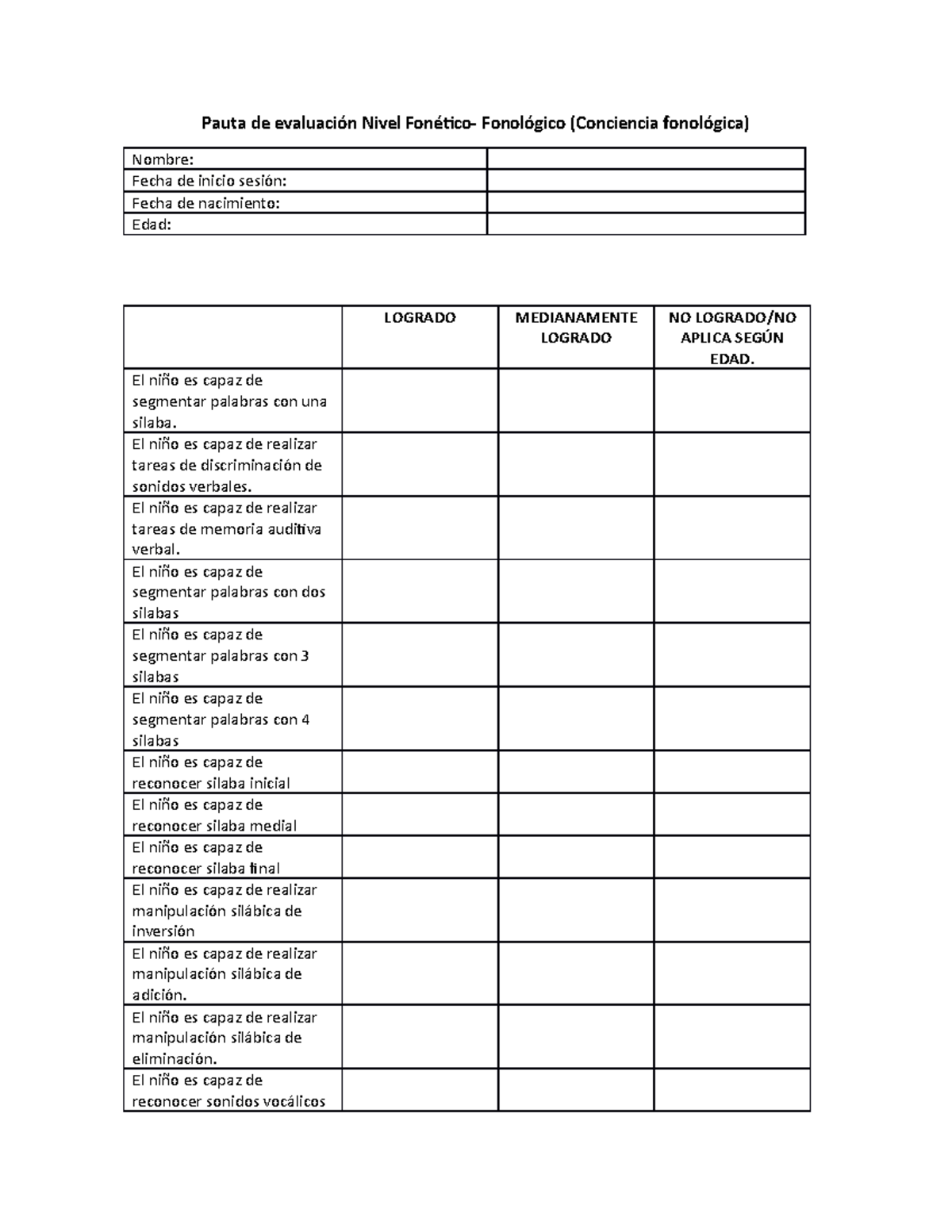 Pauta de evaluación Nivel Fonético-Fonológico - Pauta de evaluación ...
