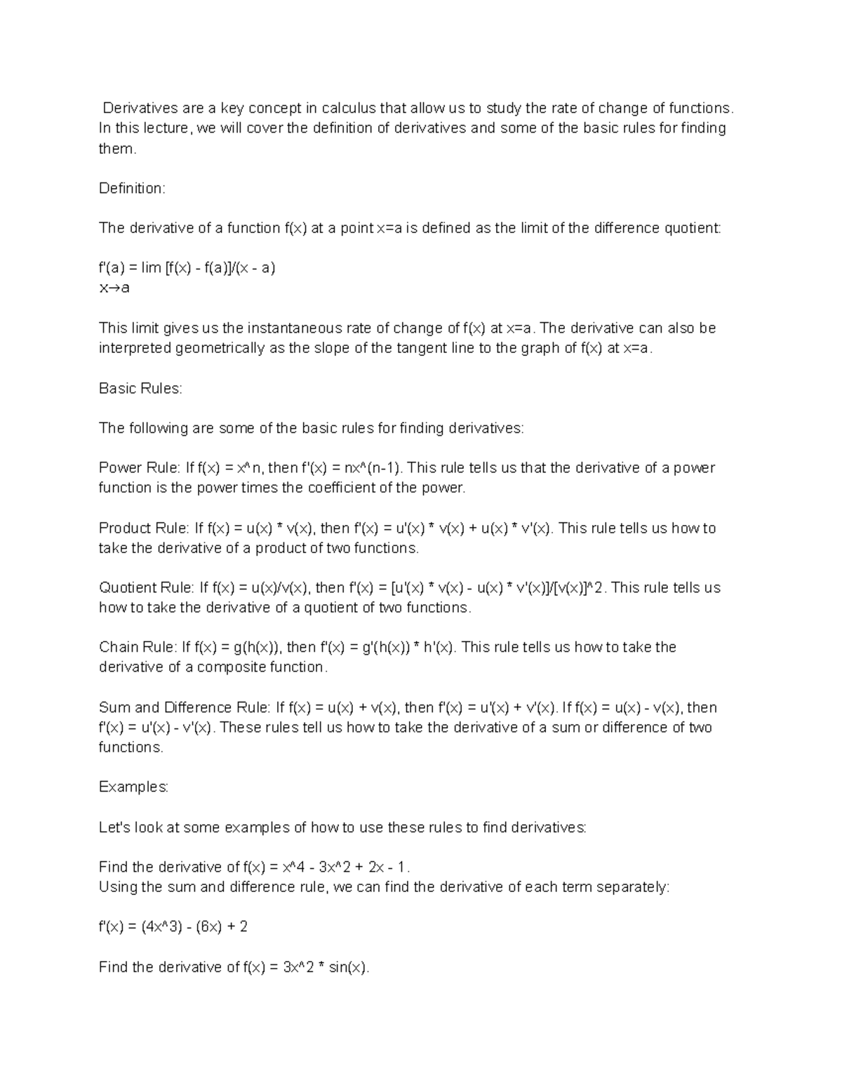 Lecture on Derivatives definition and basic rules - Derivatives are a key concept in calculus ...