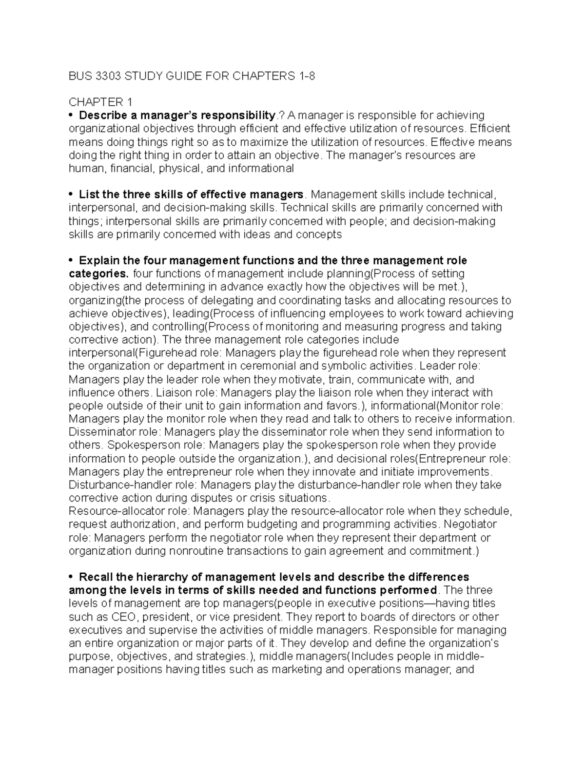 Management 1-8 - Chapters 1-8 study guide with 1-5 complete. - BUS 3303 ...