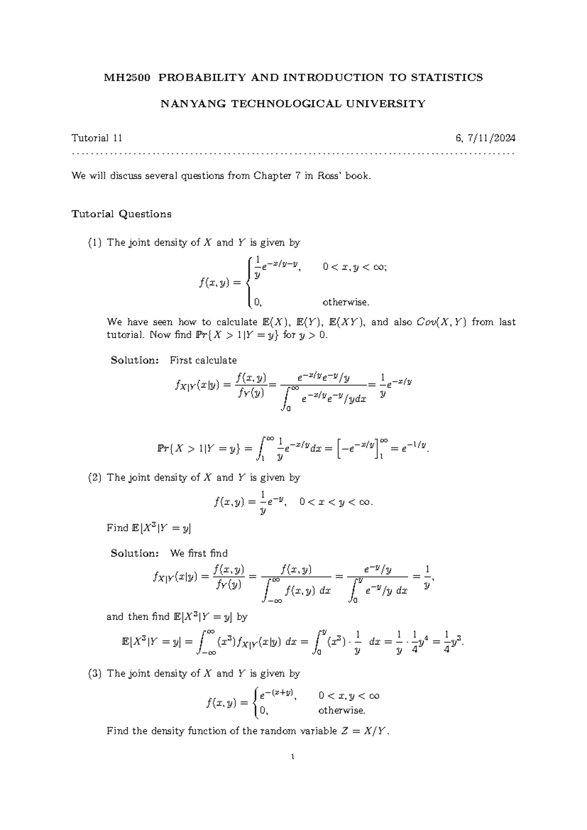 Tutorial-11 - Tutorial Questions - MH2500 PROBABILITY AND INTRODUCTION TO STATISTICS NANYANG ...