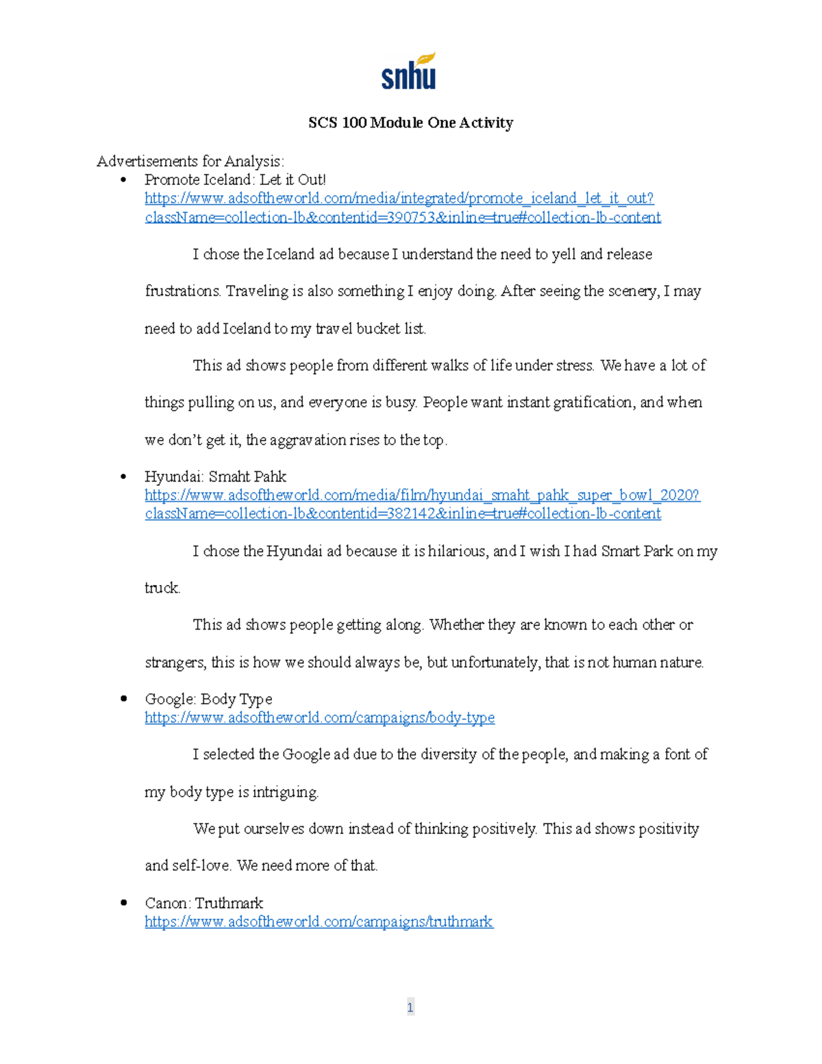 SCS 100 Module One Activity - SCS 100 Module One Activity ...