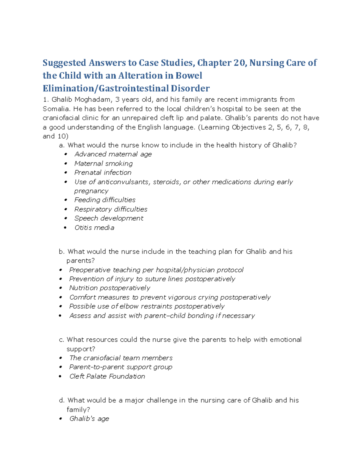 PEDS GI Disorders - notes - Suggested Answers to Case Studies, Chapter ...