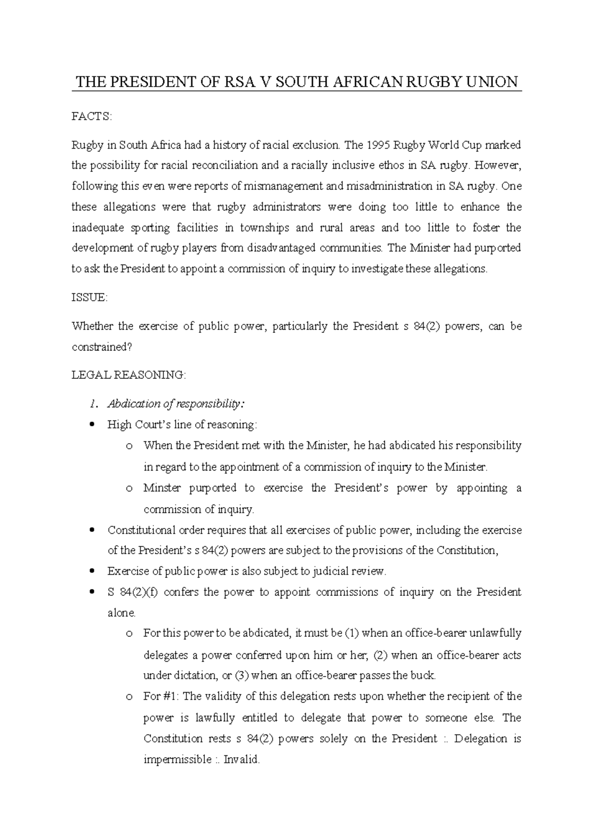 President of RSA v SA Rugby Union - THE PRESIDENT OF RSA V SOUTH ...