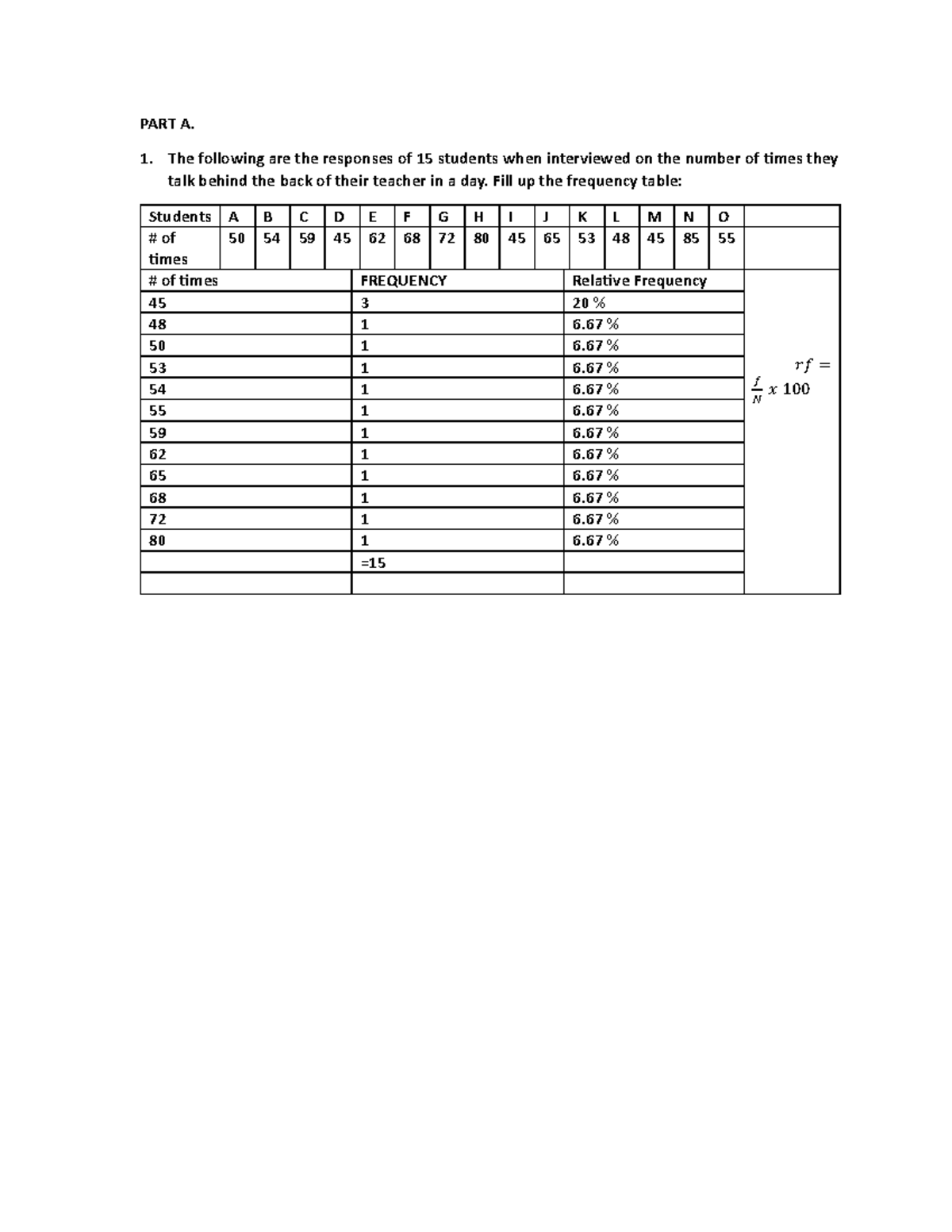 PART A1 - Linear - PART A. The following are the responses of 1 5 ...