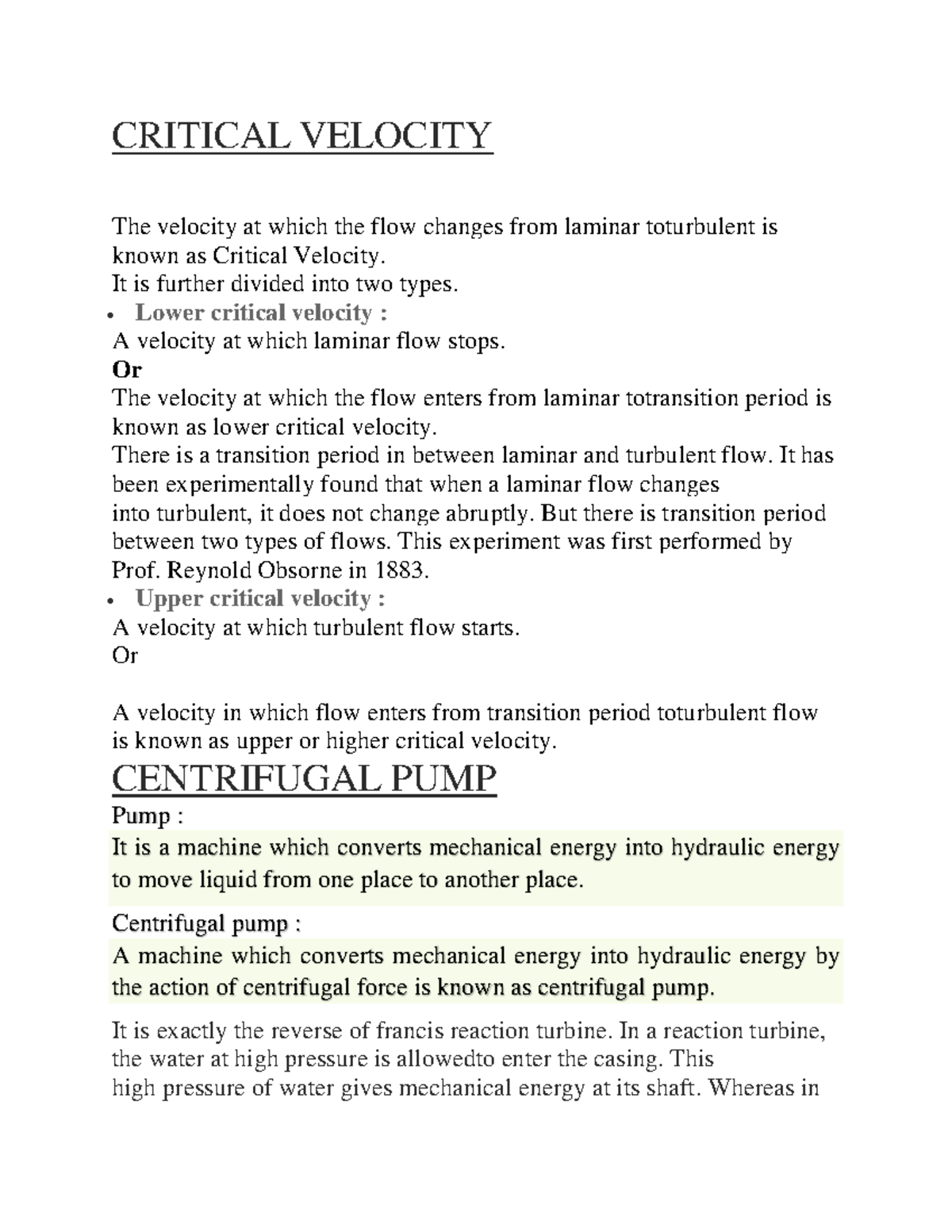 Critical velocity and centrifugal pump - CRITICAL VELOCITY The velocity ...