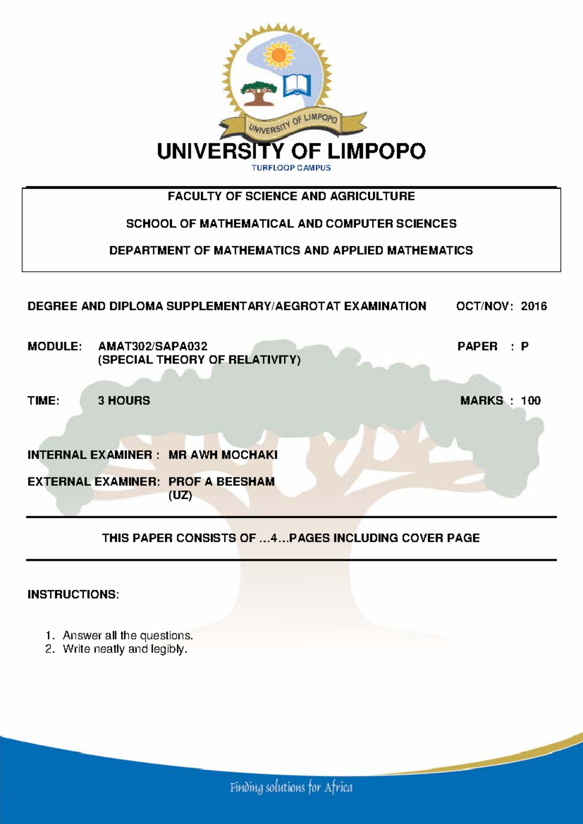 2016 AMAT302 Supp Exam - NETWORKS - UNIVERSITY OF LIMPOPO TURFLOOP ...
