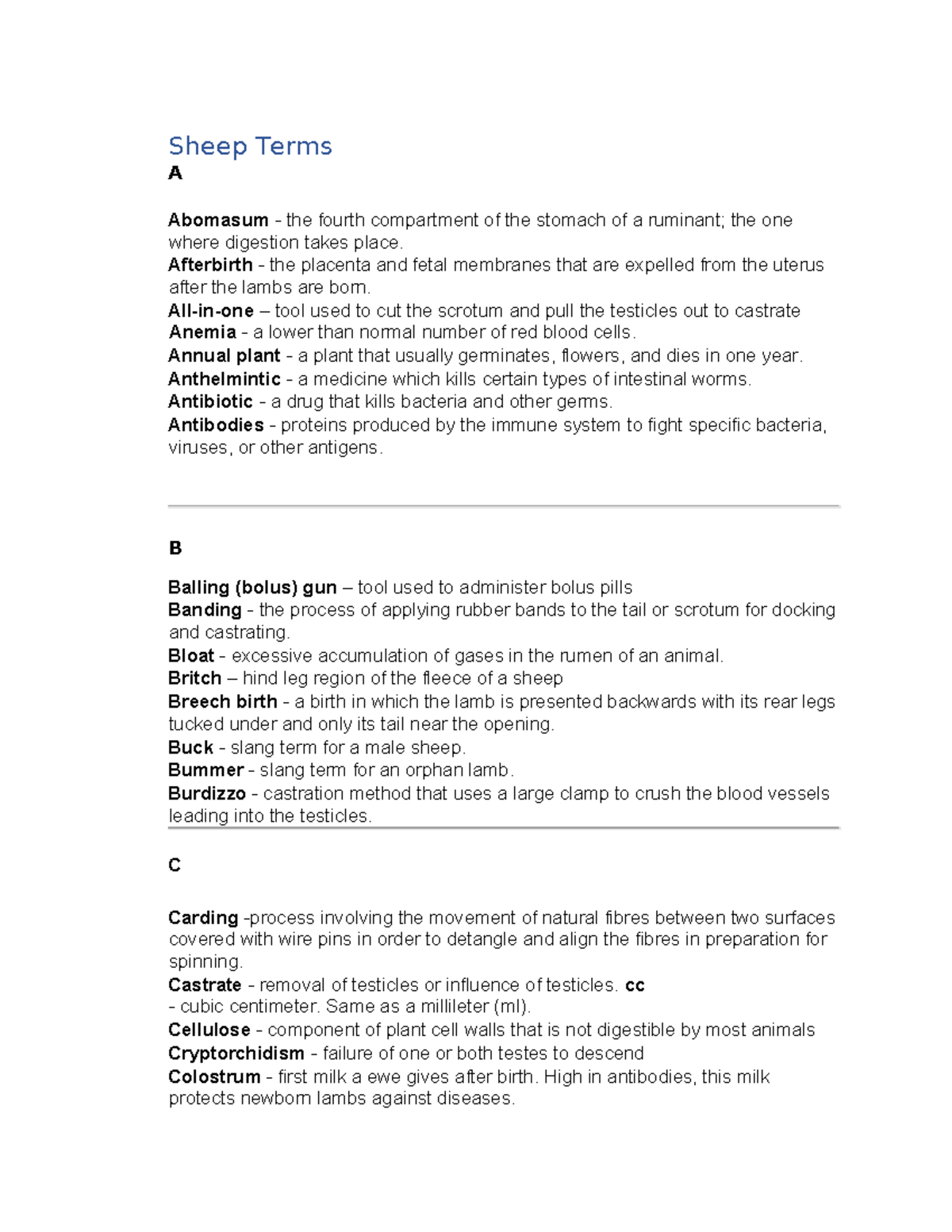 Sheep Industry Terms - Sheep Terms A Abomasum - the fourth compartment ...