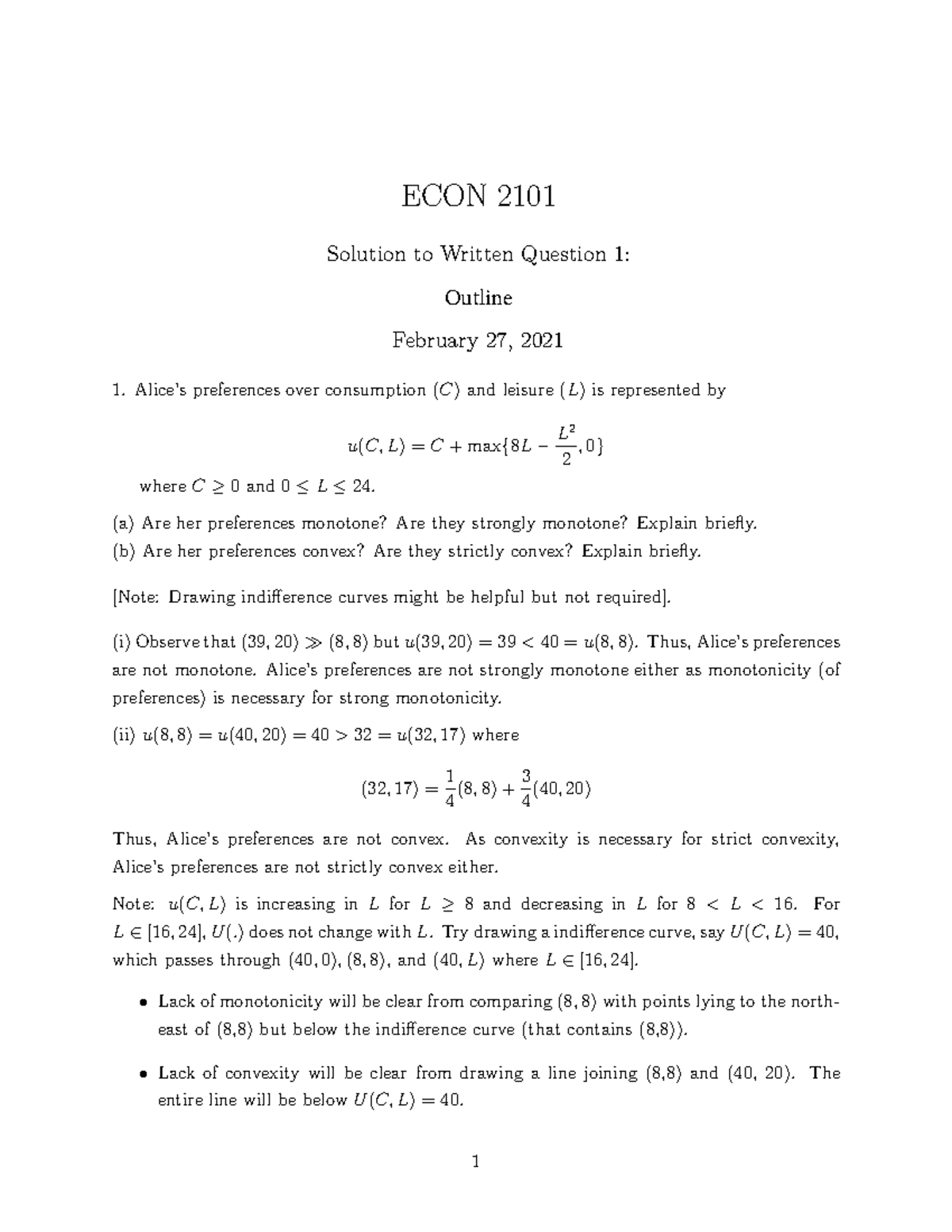 Solution to Written Question 1 ECON 2101 T1 2021 - Outline - ECON 2101 ...