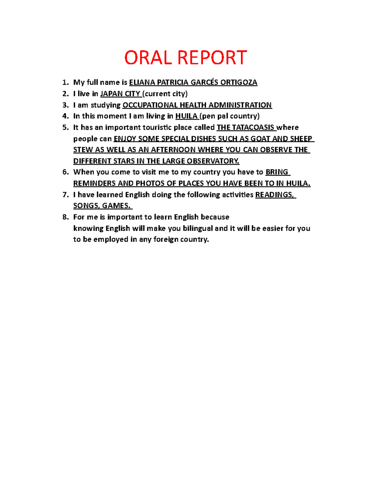 ORAL Report Templete - Apuntes 3 - ORAL REPORT My full name is ELIANA ...